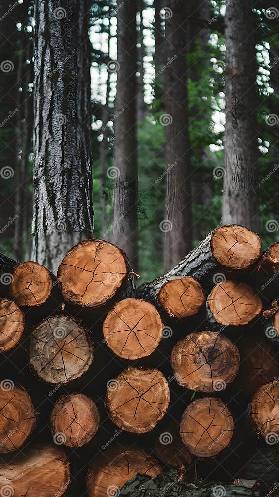 Tall Trees, Cut Logs, Soft Light Create Serene Forest Scene with ...