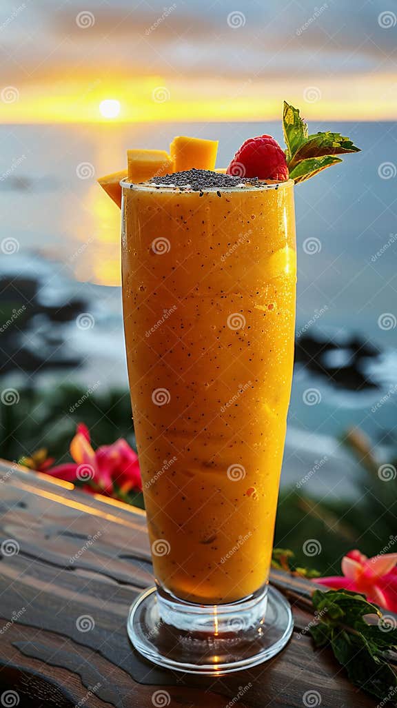 Tall Tropical Mango Smoothie with a Raspberry and Mint Garnish at ...