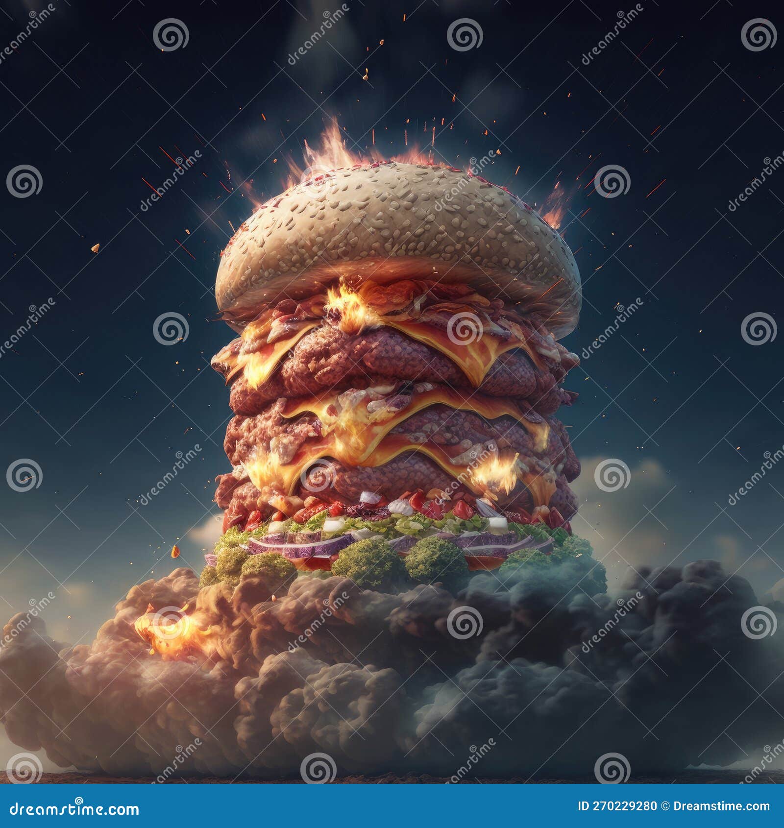 Tallest Burger with Cheese Melting and Smoke Explosion Stock ...