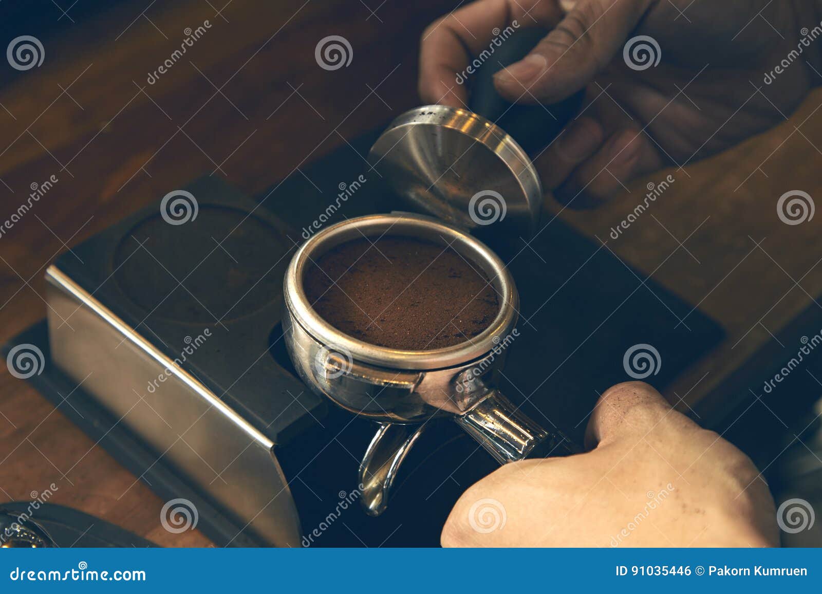 Tamping Fresh Morning Coffee Stock Photo - Image of aura, candid: 91035446