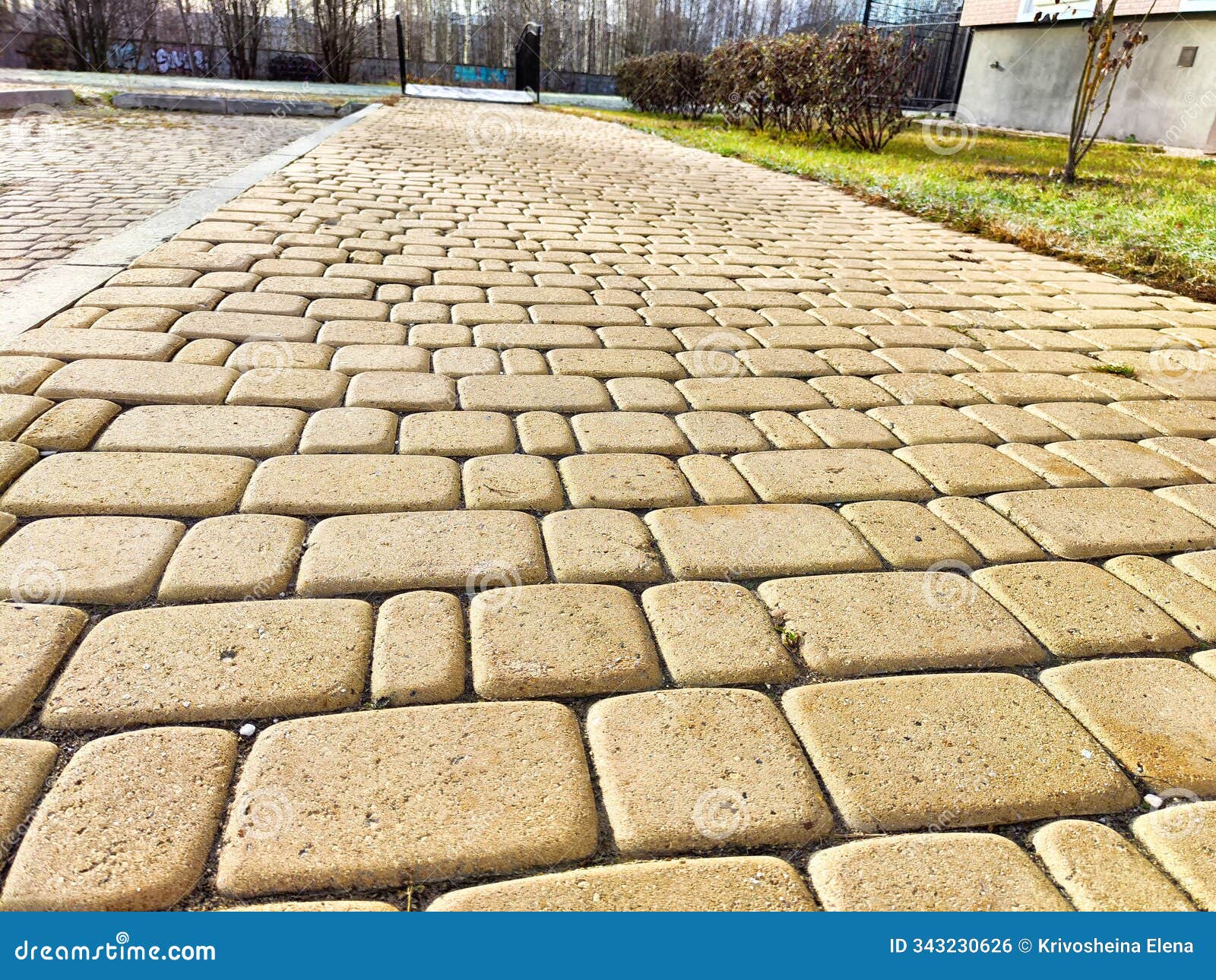 A Tan Cobblestone Pathway in a Residential Area. the Path Leads Towards ...