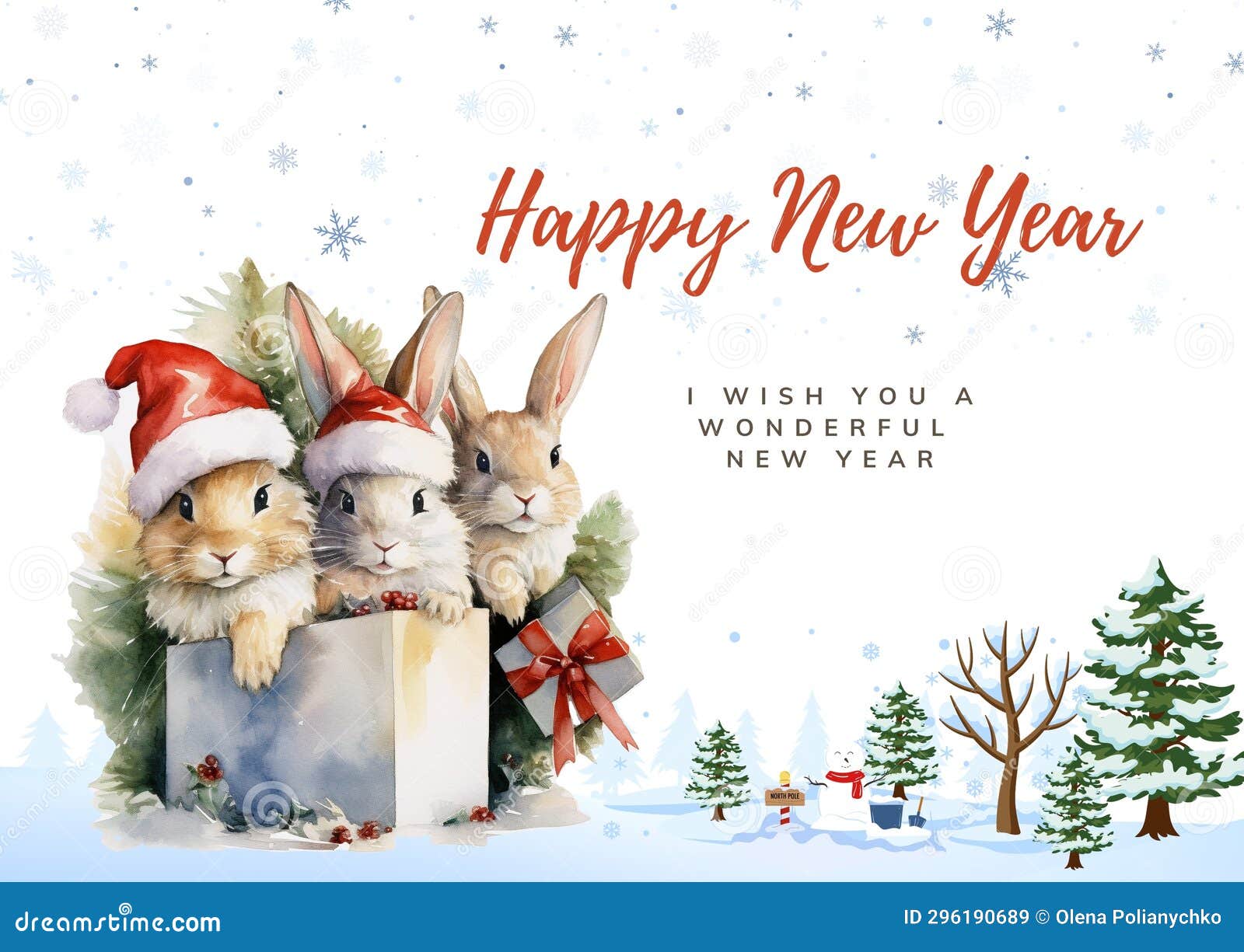 New Year Card with Three Rabbits in a Santa Claus Hat Stock ...