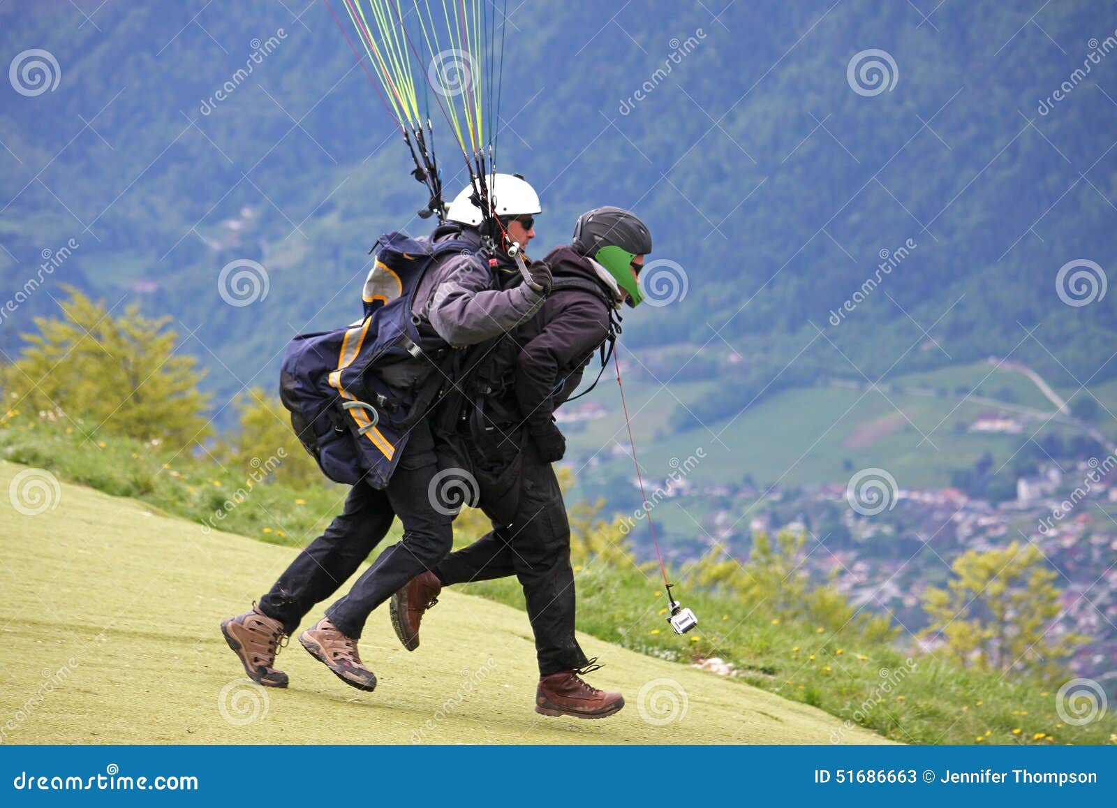 Tandem Paraglider Running To Launch Stock Image - Image of lake, launch ...