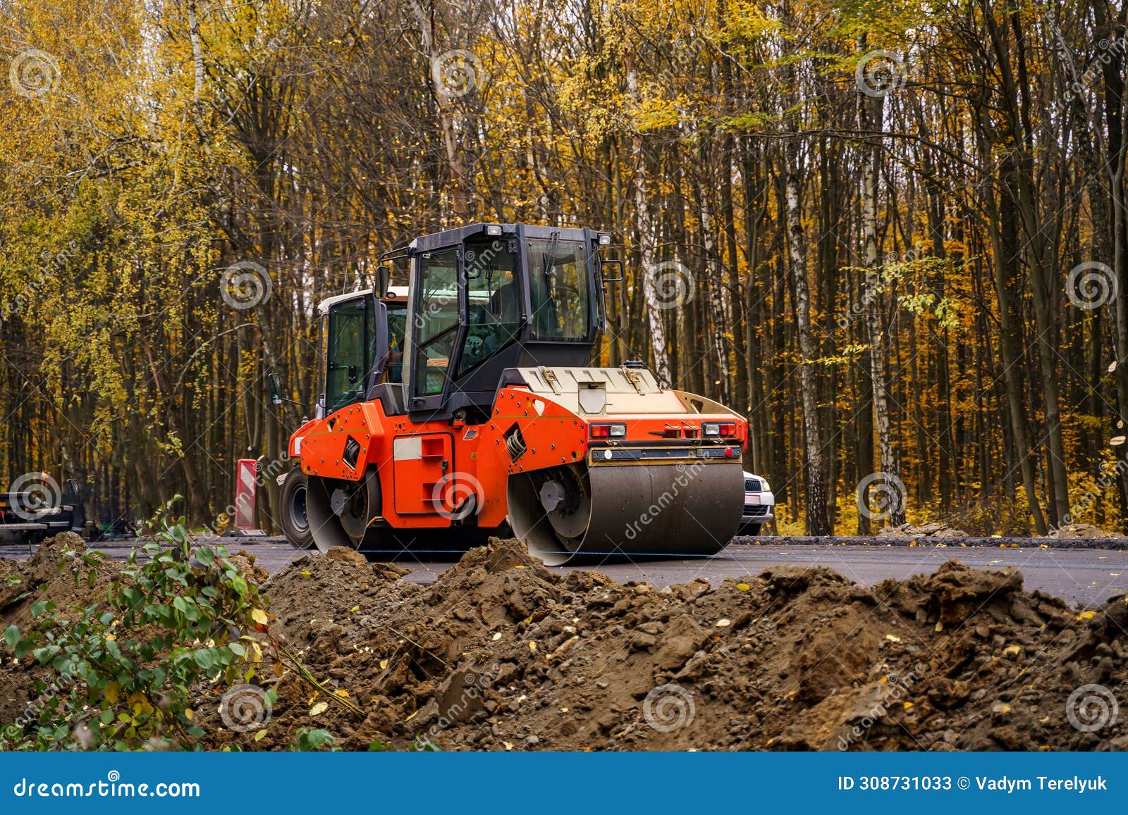 Tandem Vibration Roller Compactor Working on Asphalt Pavement ...