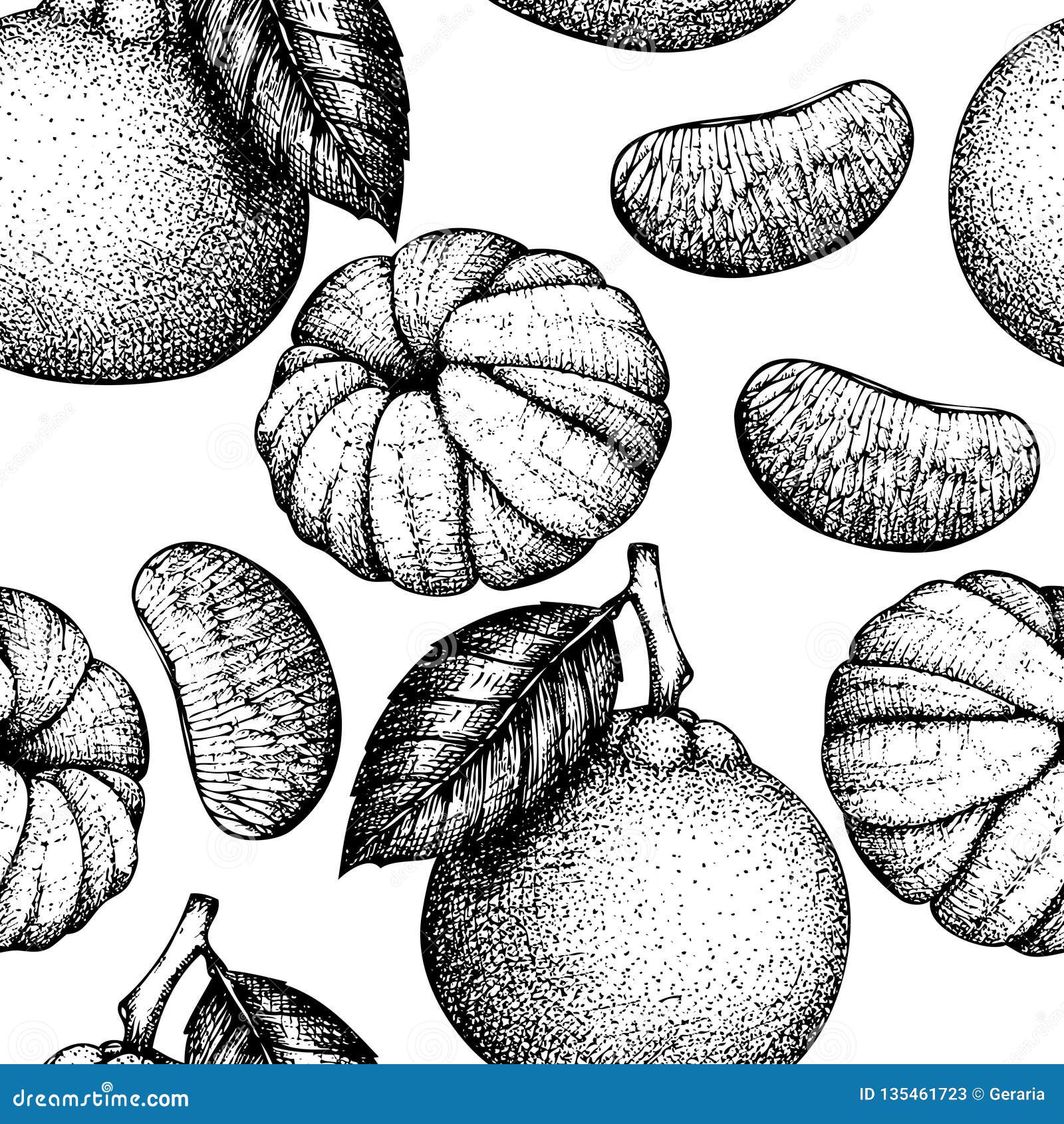 Seamless Pattern with Hand Drawn Tangerine Illustrations. Vector ...