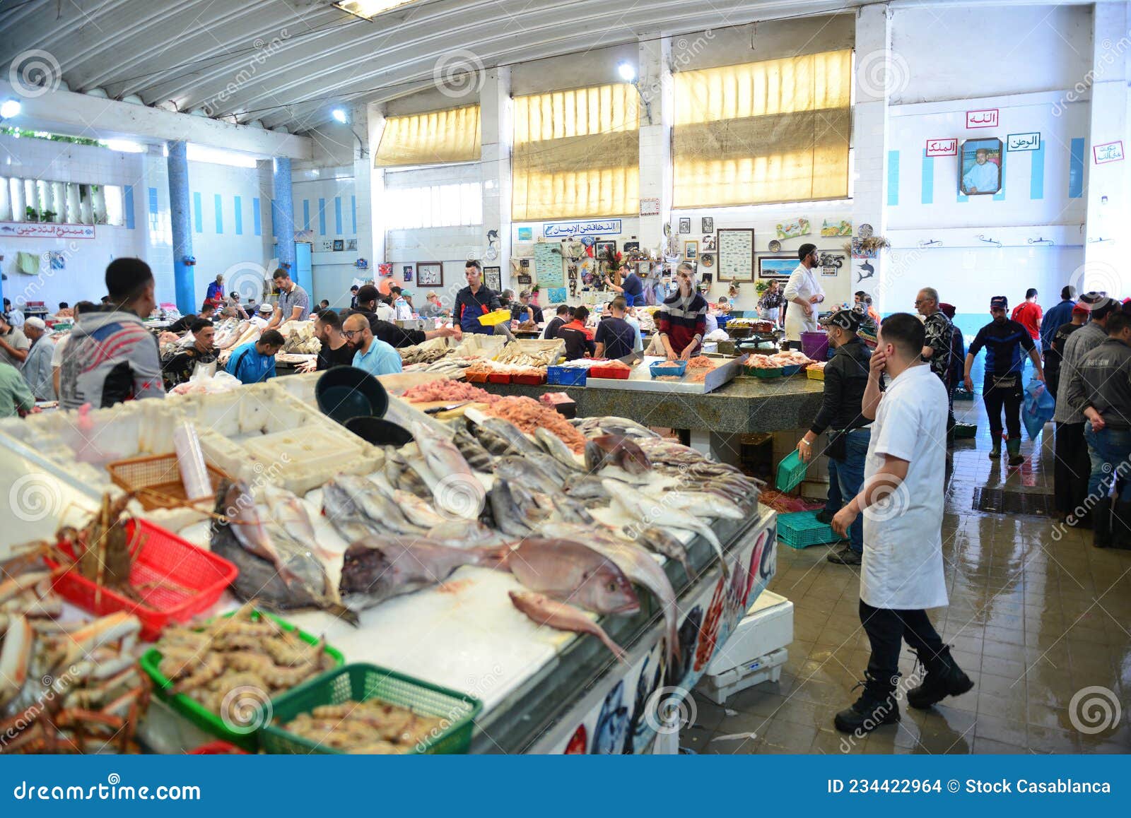 Tangier, Morocco; July 7, 2021: Fishmonger in the `Central Fish Market ...
