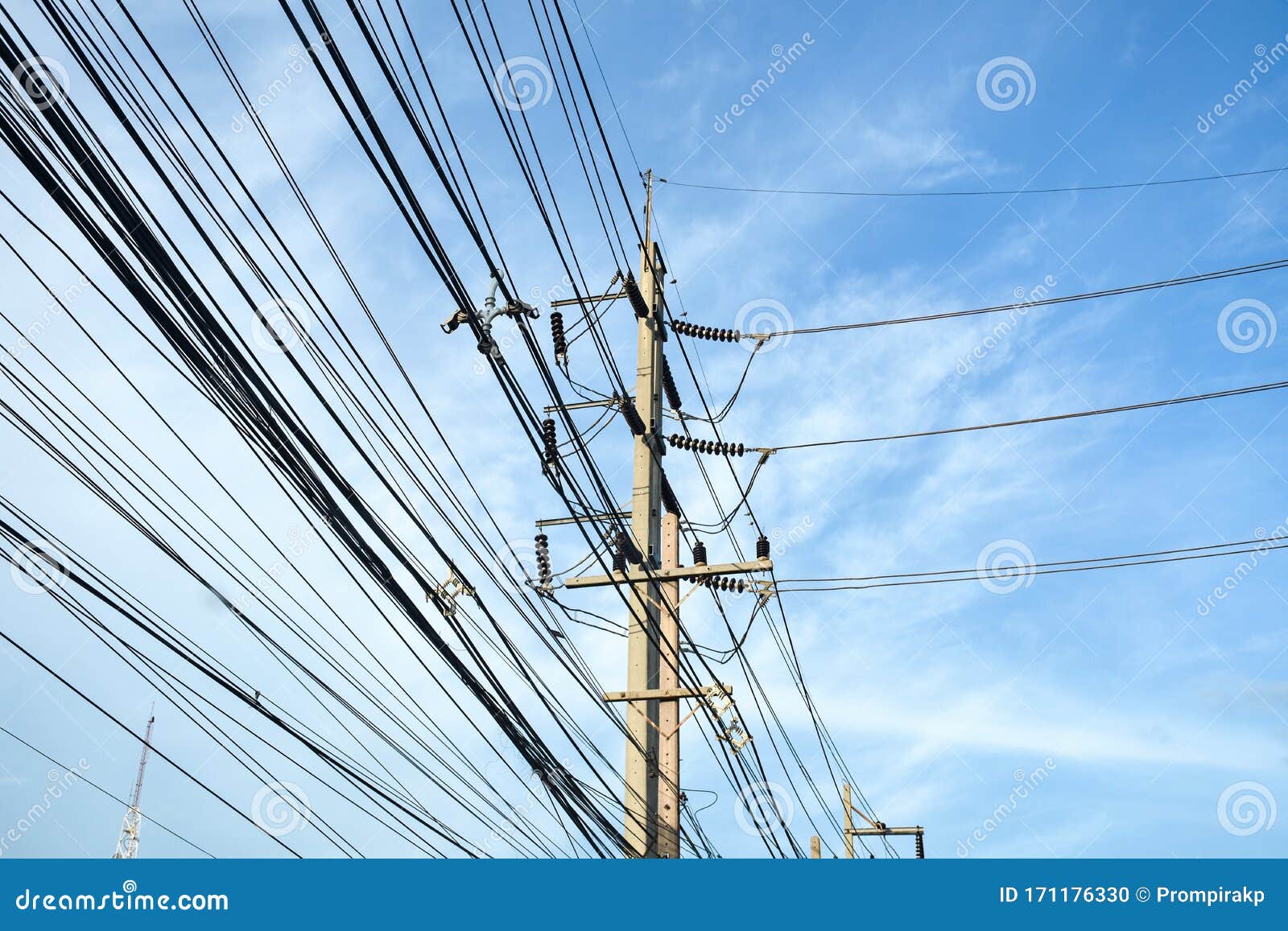 Tangle of Electrical Cables and Communication Wires on Electric Pole ...