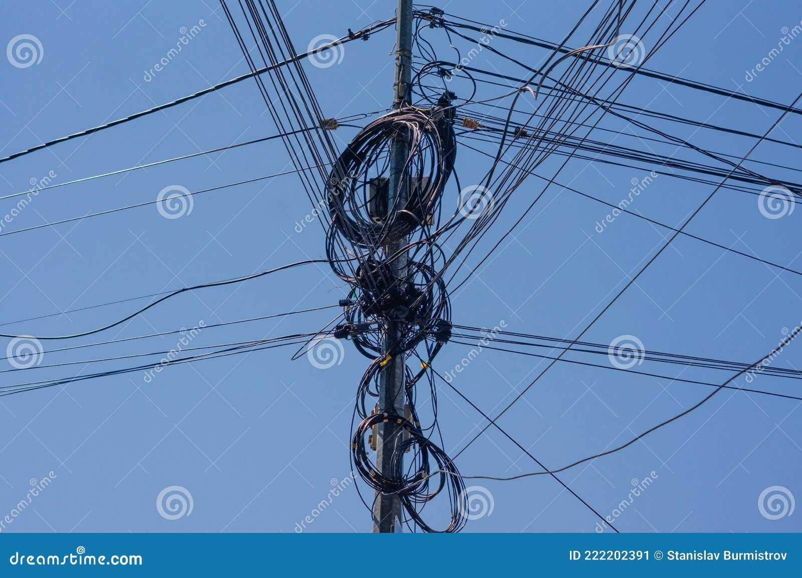 Tangled Messy Electrical Wires On Pole Posing A Safety Hazard Stock ...