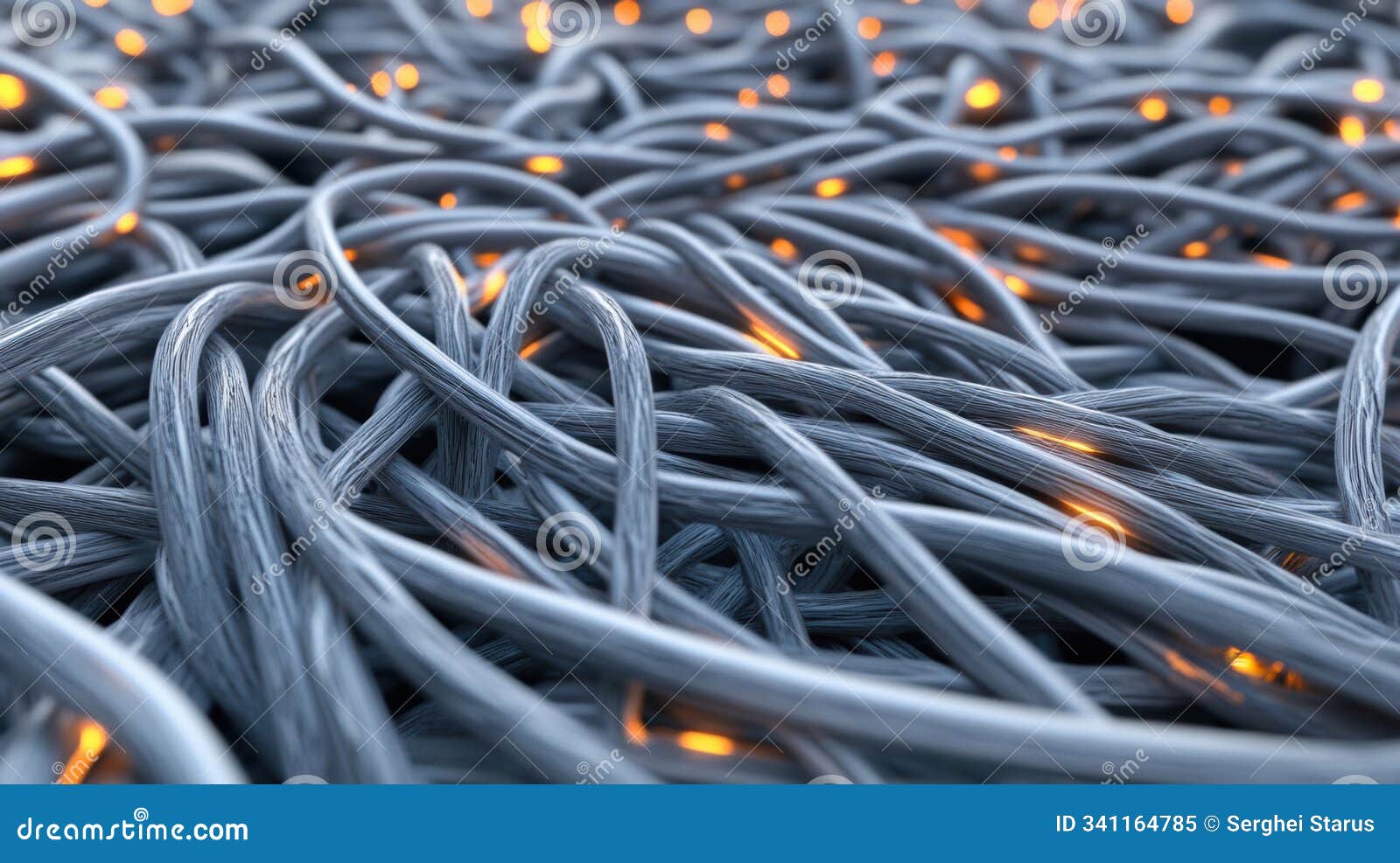 Tangled Network Cables with Glowing Orange Lights Create a Futuristic ...