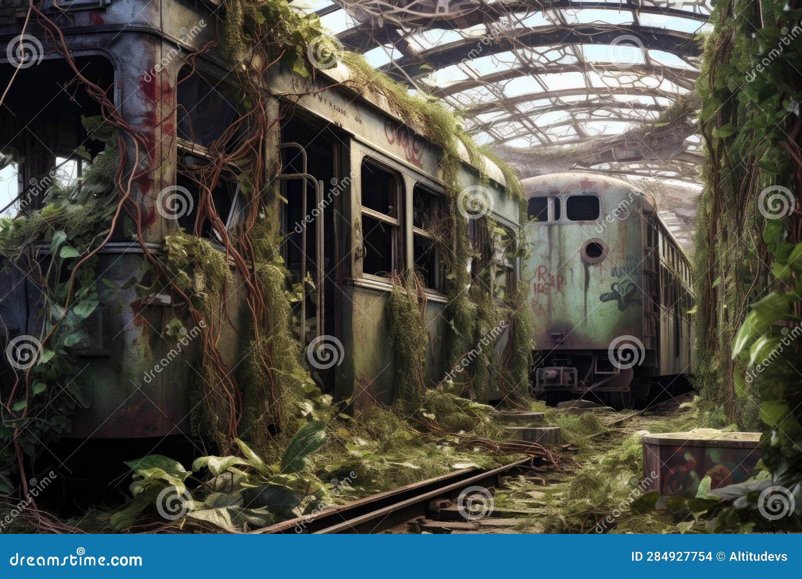 Tangled Vines and Plants Overtaking Old Train Cars Stock Illustration ...