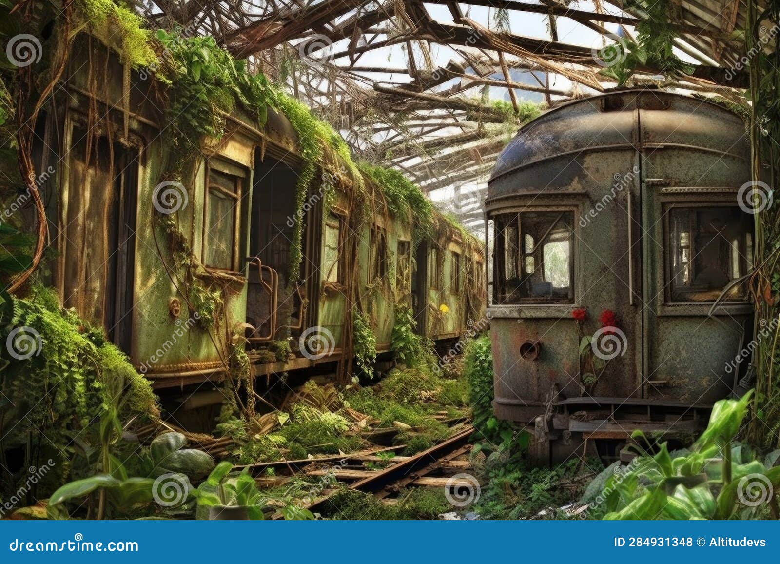 Tangled Vines and Plants Overtaking Old Train Cars Stock Illustration ...