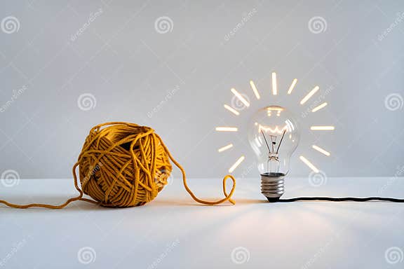 Tangled Yellow Yarn Ball Serves As Light Bulb Source, Black Line ...