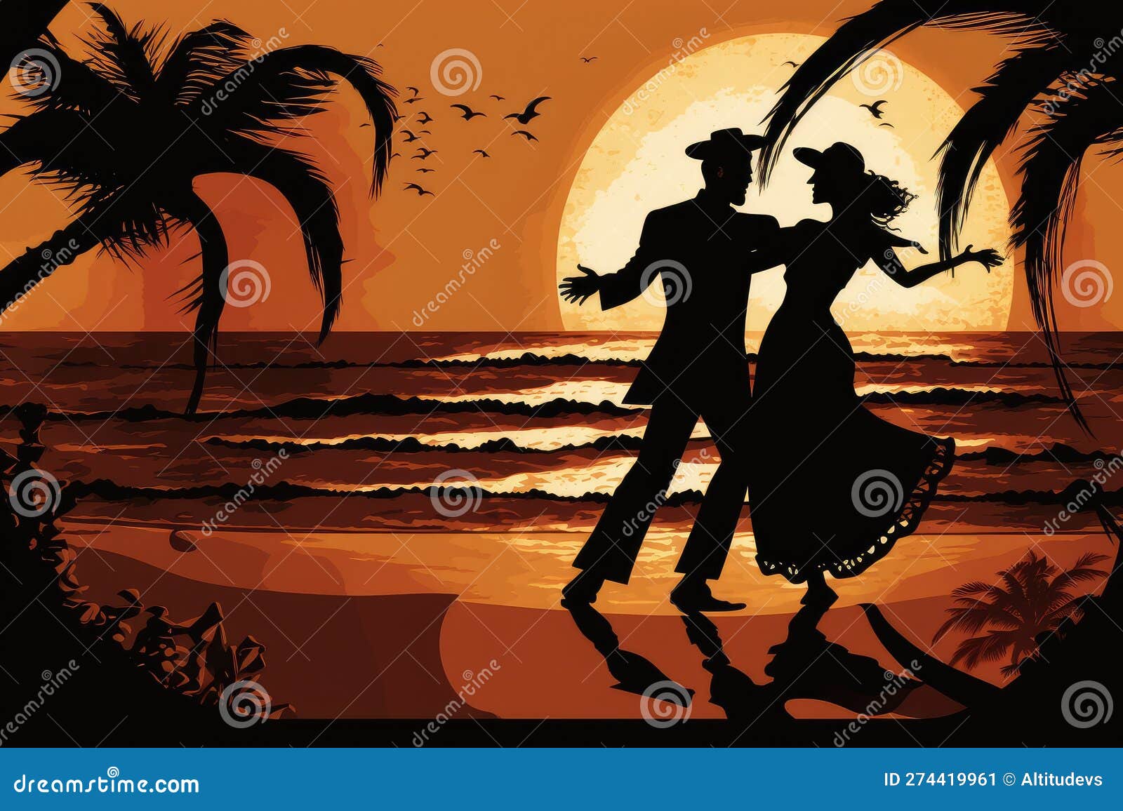 Tango Dance in Sunset with View of Ocean and Beach Stock Illustration ...