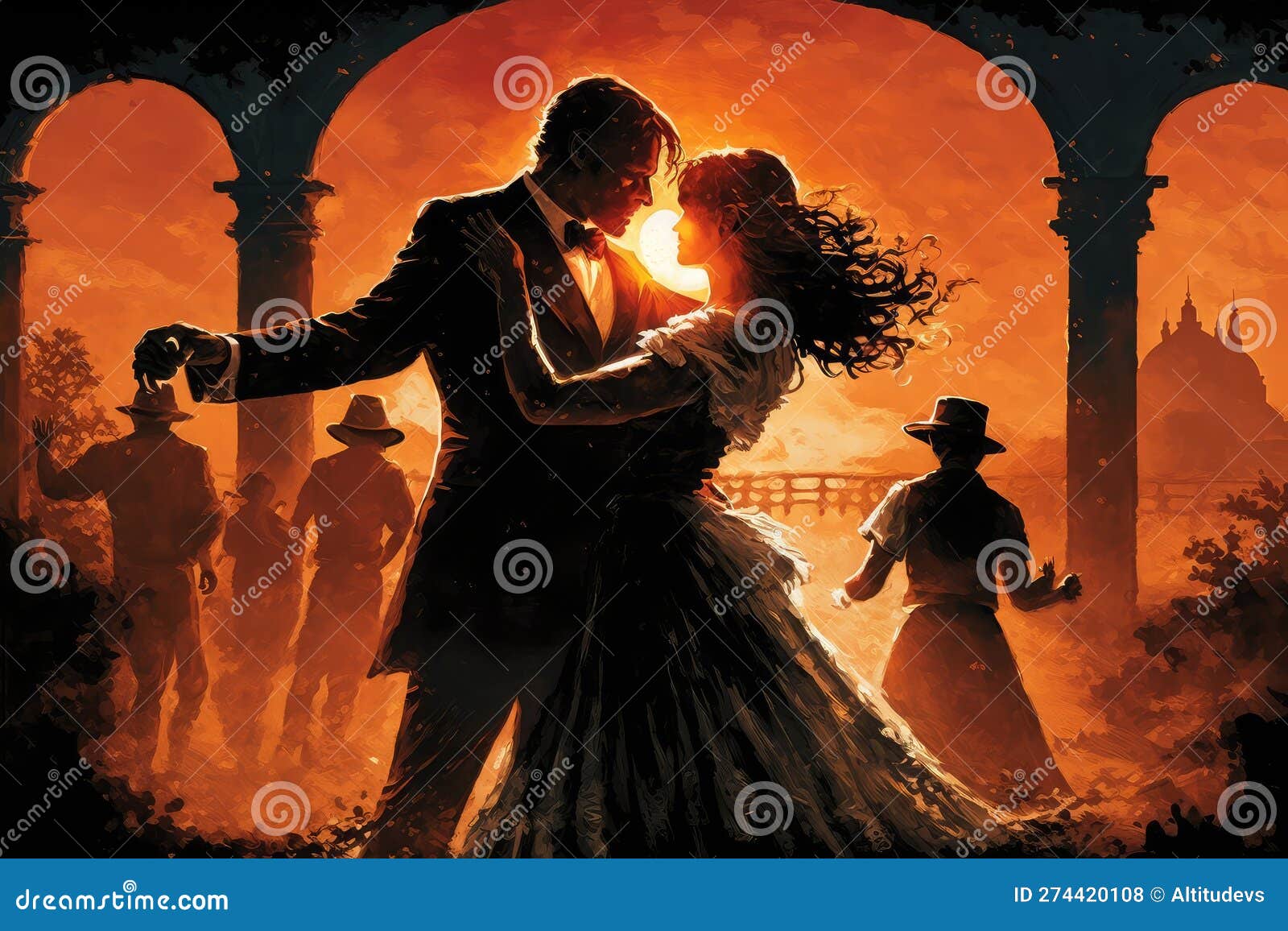 Tango Dancers in a Romantic Setting, with the Sun Setting Behind Them ...