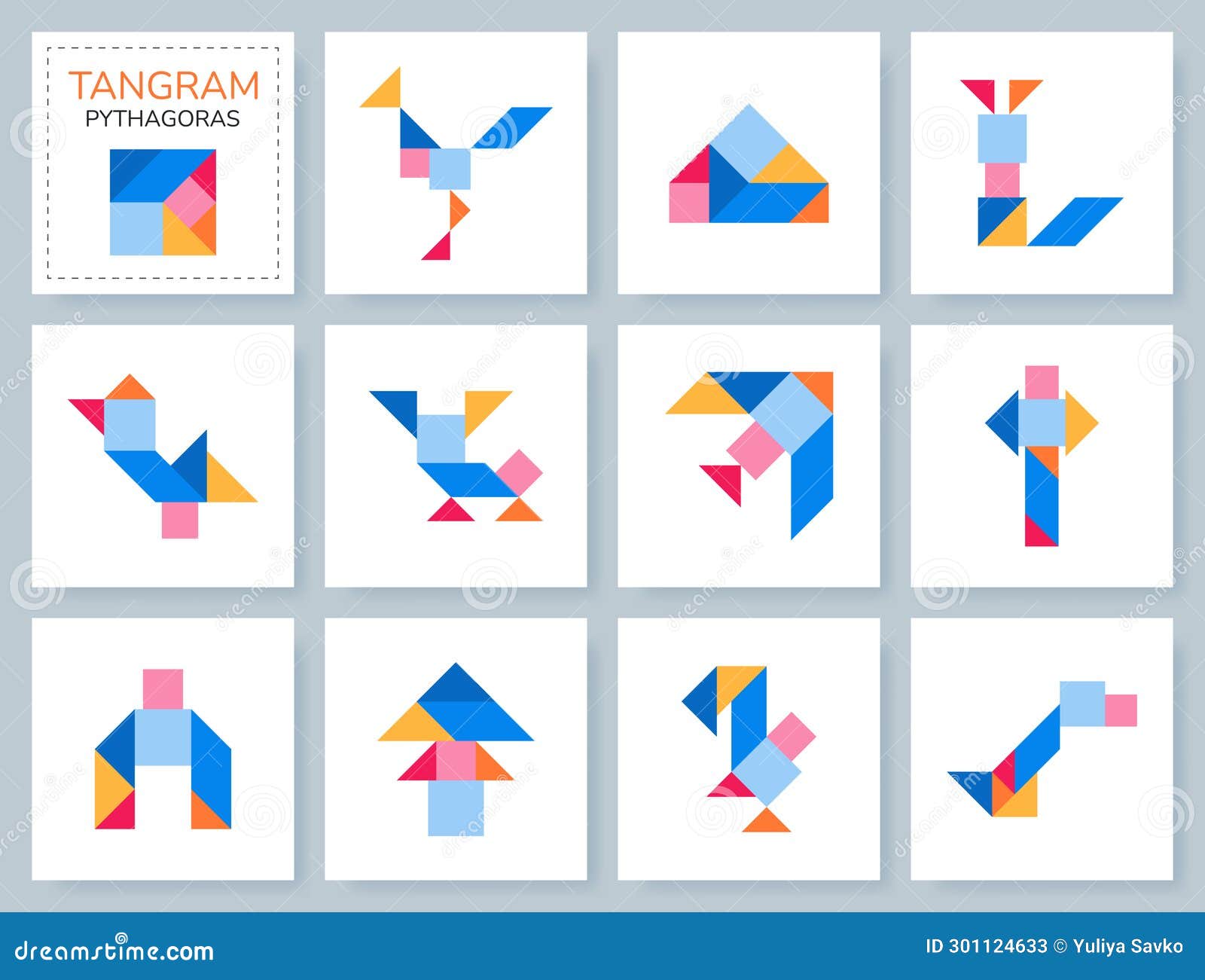 Tangram Pythagoras Puzzle Vector Set With Various Objects