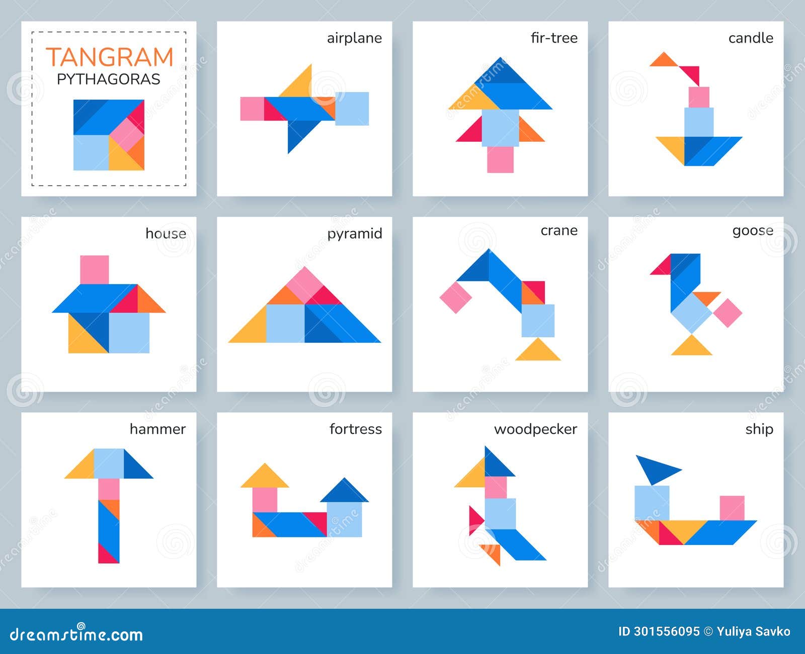 Tangram Pythagoras Puzzle Vector Set With Various Objects