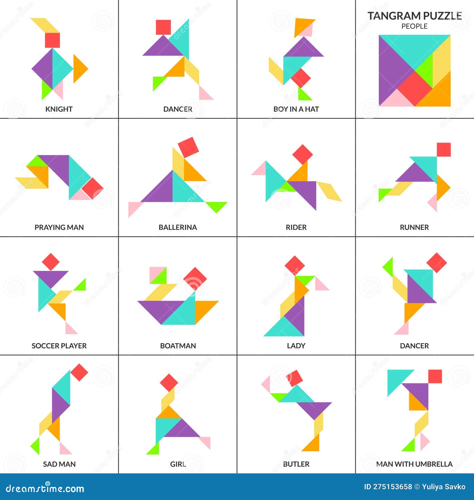 Tangram Puzzle Vector Set With Various People Stock Vector