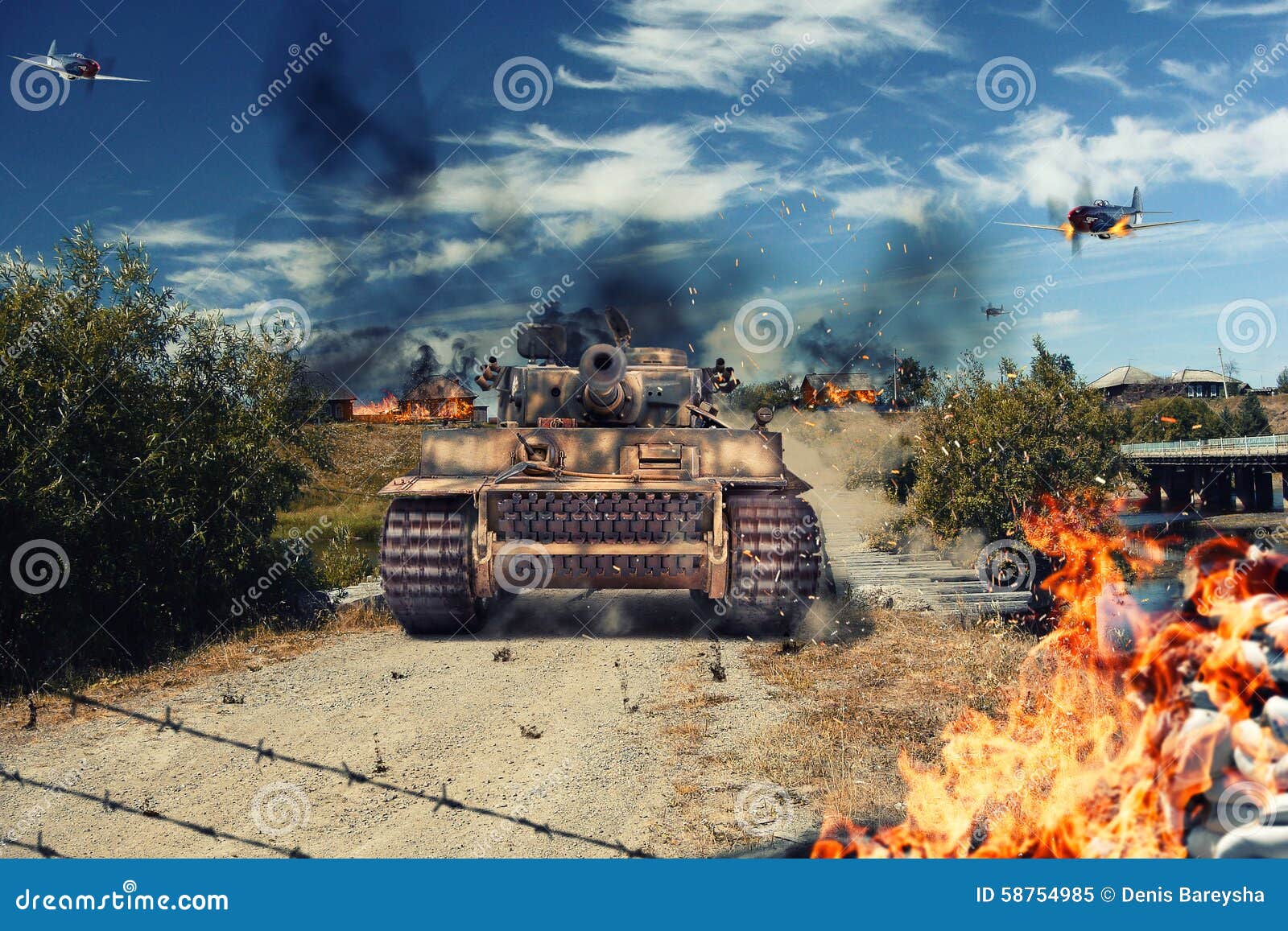 Tank attacked the village stock image. Image of armored - 58754985