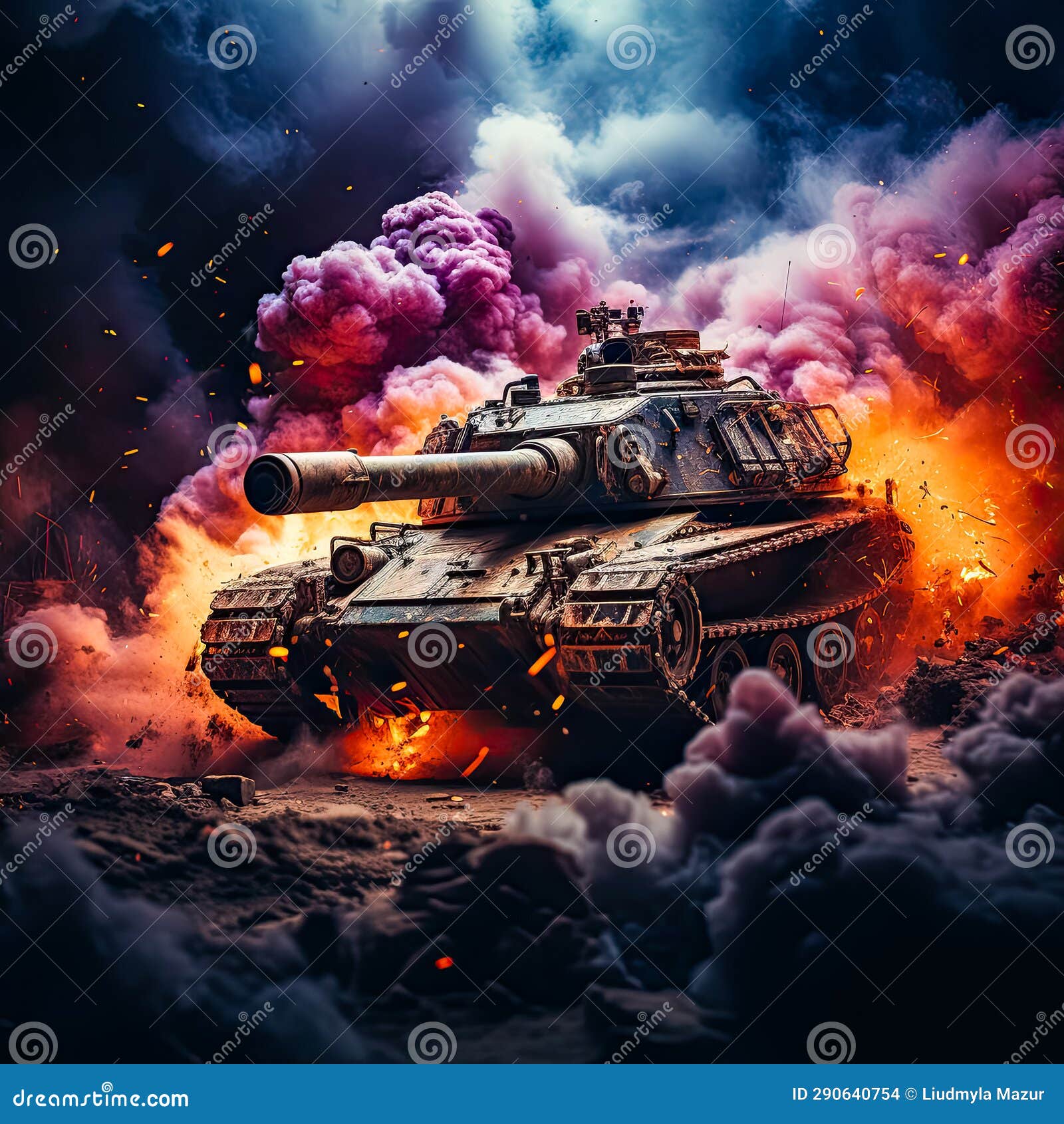 A Tank is Blown Up by Mine in Clouds of Multi-colored Smoke Stock ...