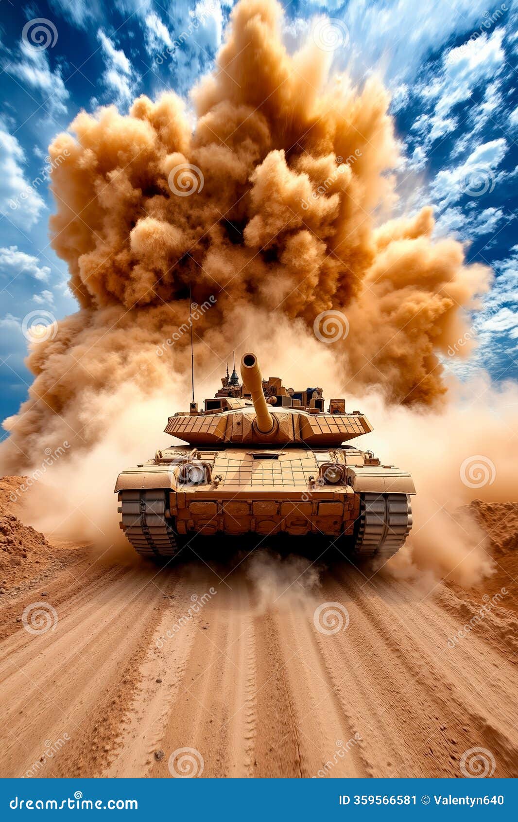 A Tank Driving through a Desert with a Cloud of Dust in the Air Stock ...
