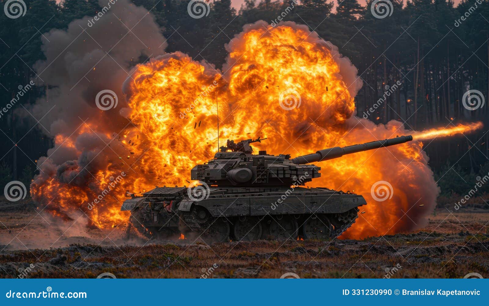 Tank Engages Enemy Forces Amidst Explosive Fire and Smoke in a Forested ...