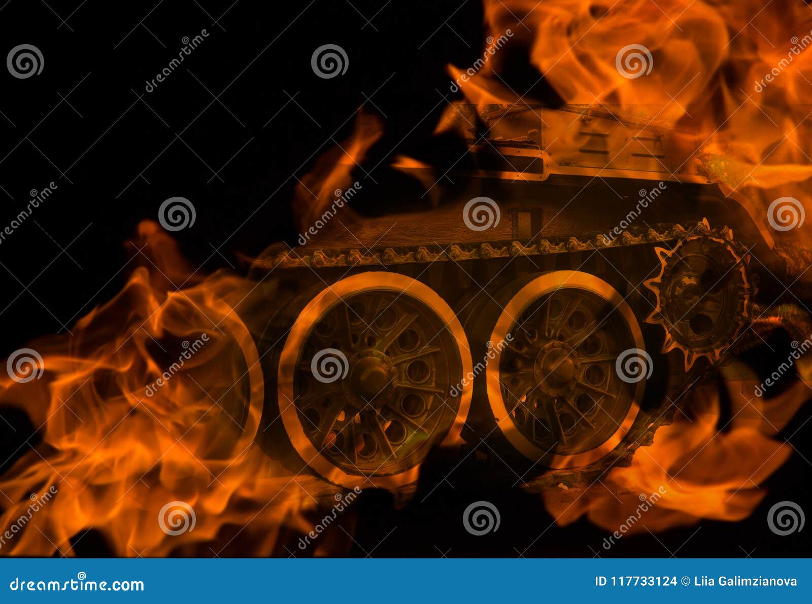 Tank in the fire stock photo. Image of armored, metal - 117733124