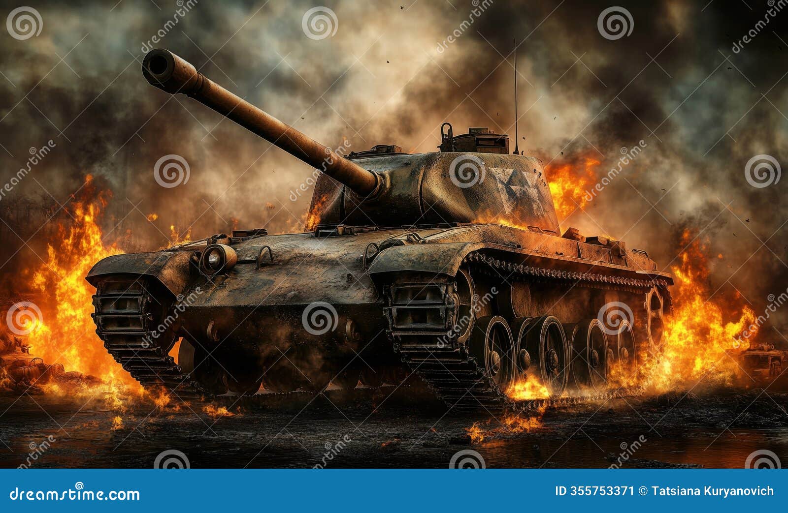 Tank in Flames: Dramatic Scene of Armored Warfare with Explosions and ...