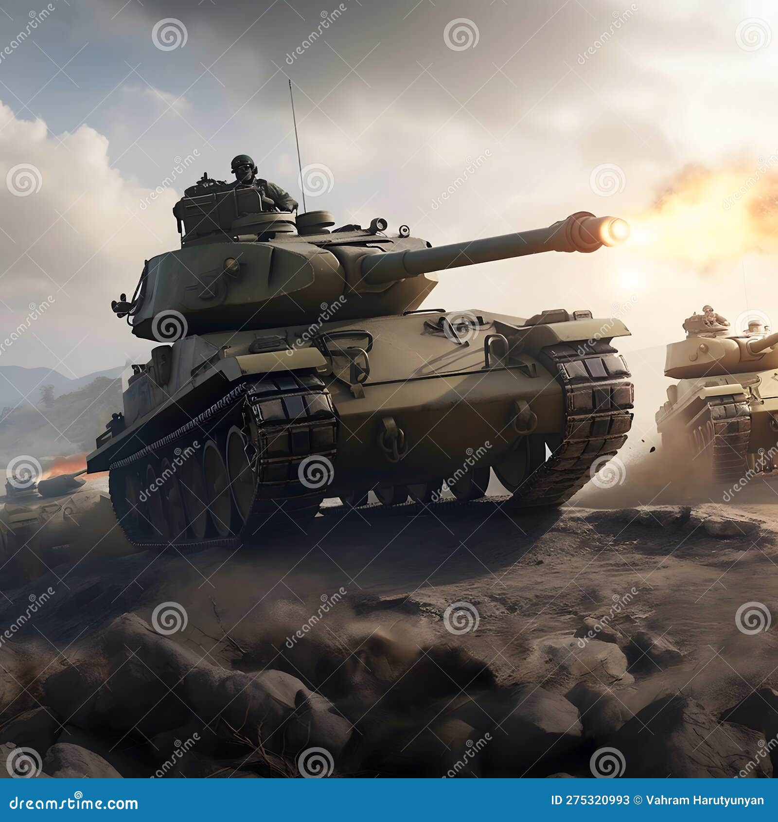Tank in the mist of battle stock illustration. Illustration of ...