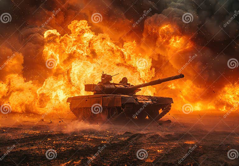 Tank Fires an Array Amidst a Dramatic Explosion during a Military ...