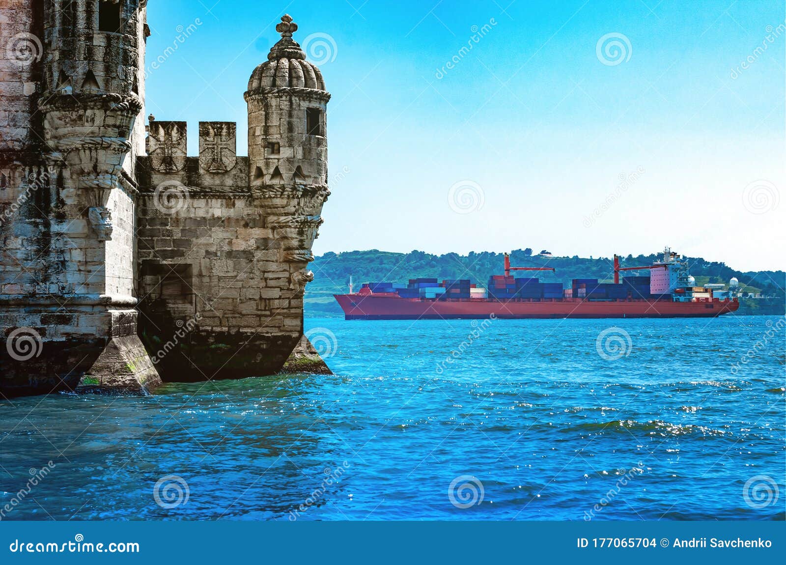 A Tanker with Cargo Floats Along a Canal Past an Ancient Castle Stock ...