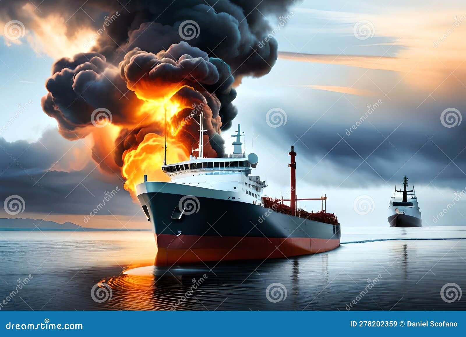 A Tanker Ship is on Fire after an Accident on the High Seas. Concept ...