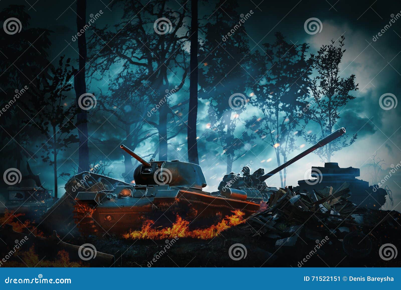 Tanks Attack in a Dark Forest Stock Image - Image of explosion ...
