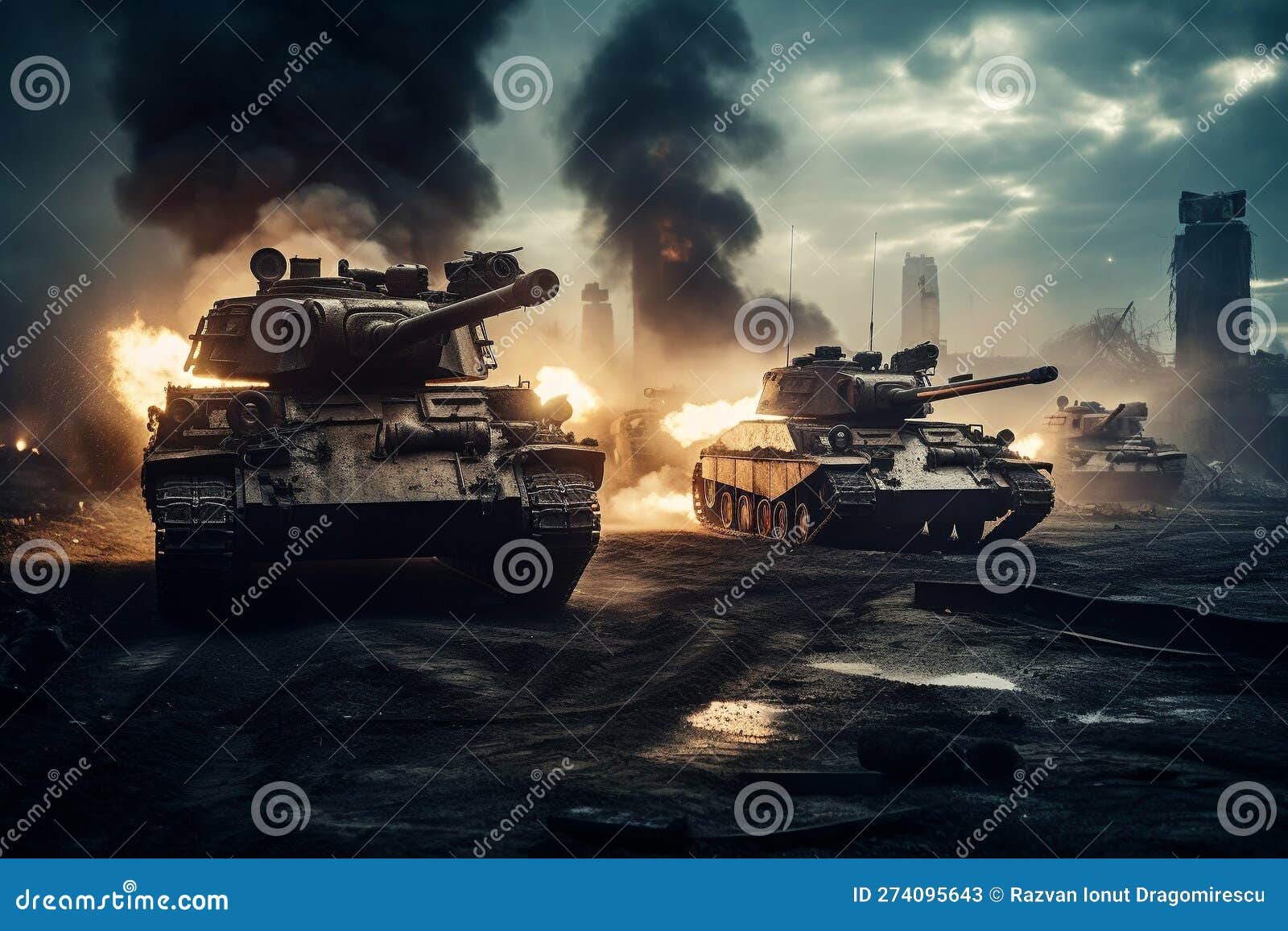 Tanks in a Fierce Battle with Fire and Smoke, Representing the ...