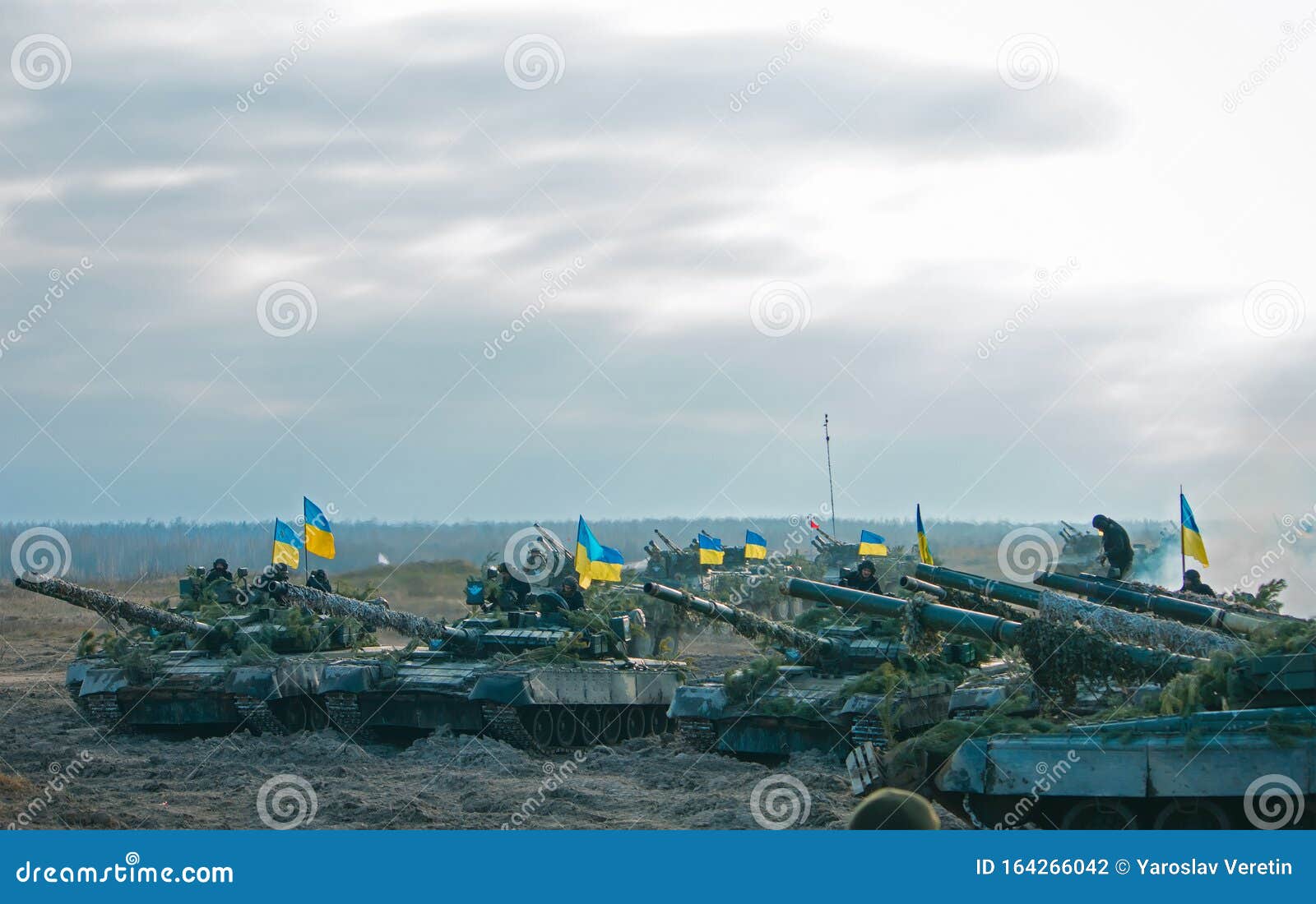 Tanks in Row Masked at Pine Tree Branches in Polygon Editorial ...