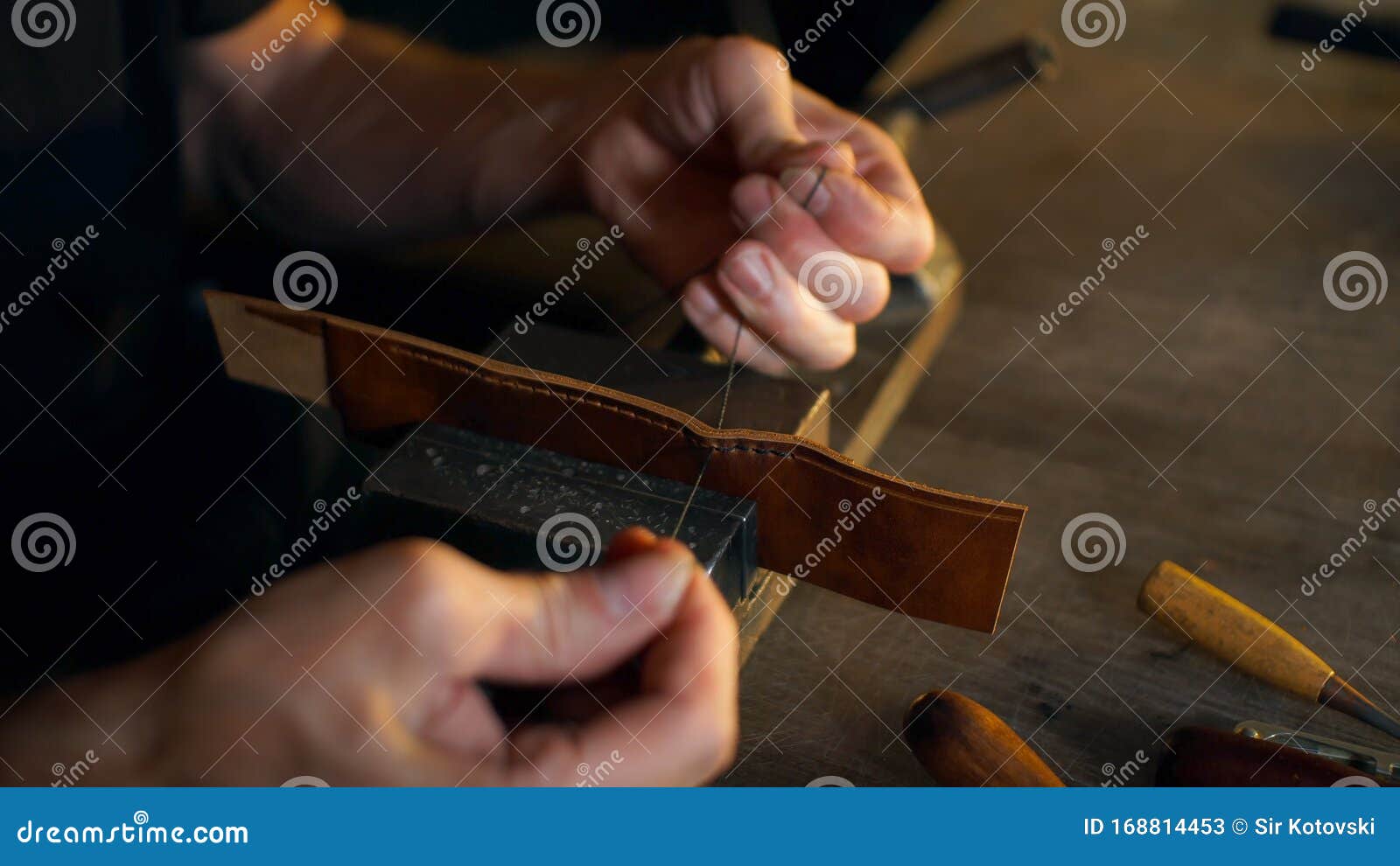 Tanner Working with Leather in Workshop. Stock Image - Image of ...