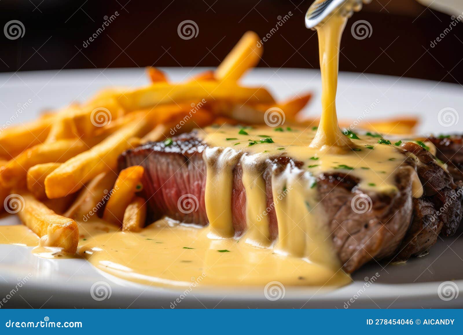 Tantalizing Close Up Of Steak Frites With A Perfectly Grilled Medium Rare Steak Served On A Bed