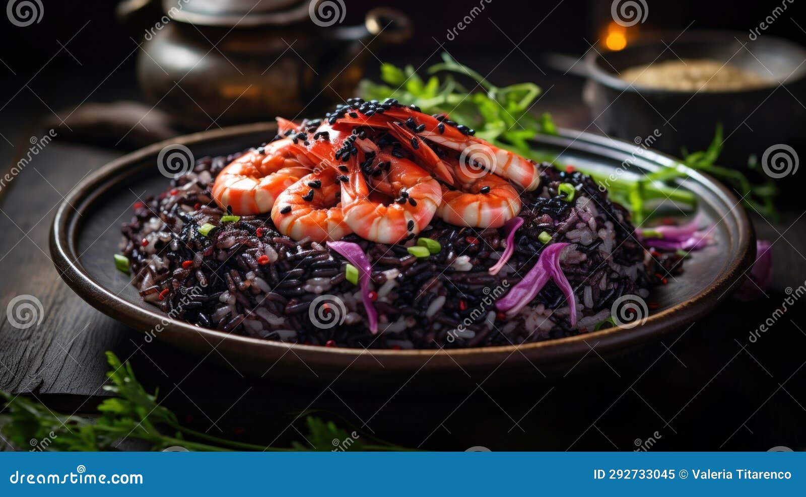 Tantalizing Shrimp and Black Rice Dish in a Gourmet Setting. Stock ...