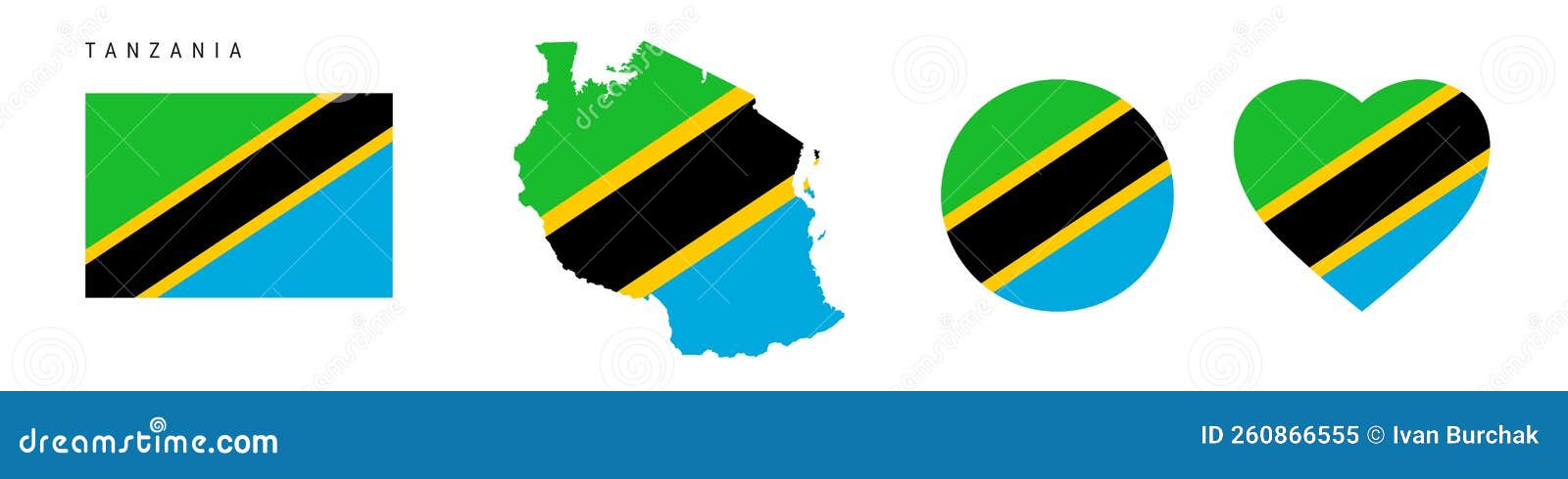 Tanzania Flag In Different Shapes Icon Set Flat Vector Illustration