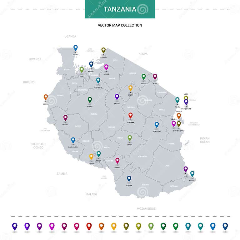 Tanzania Map with Location Pointer Marks. Stock Vector - Illustration ...