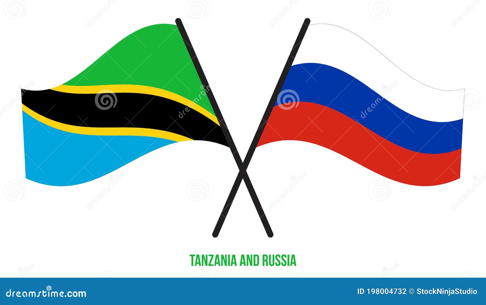 Tanzania And Russia Flags Crossed And Waving Flat Style Official