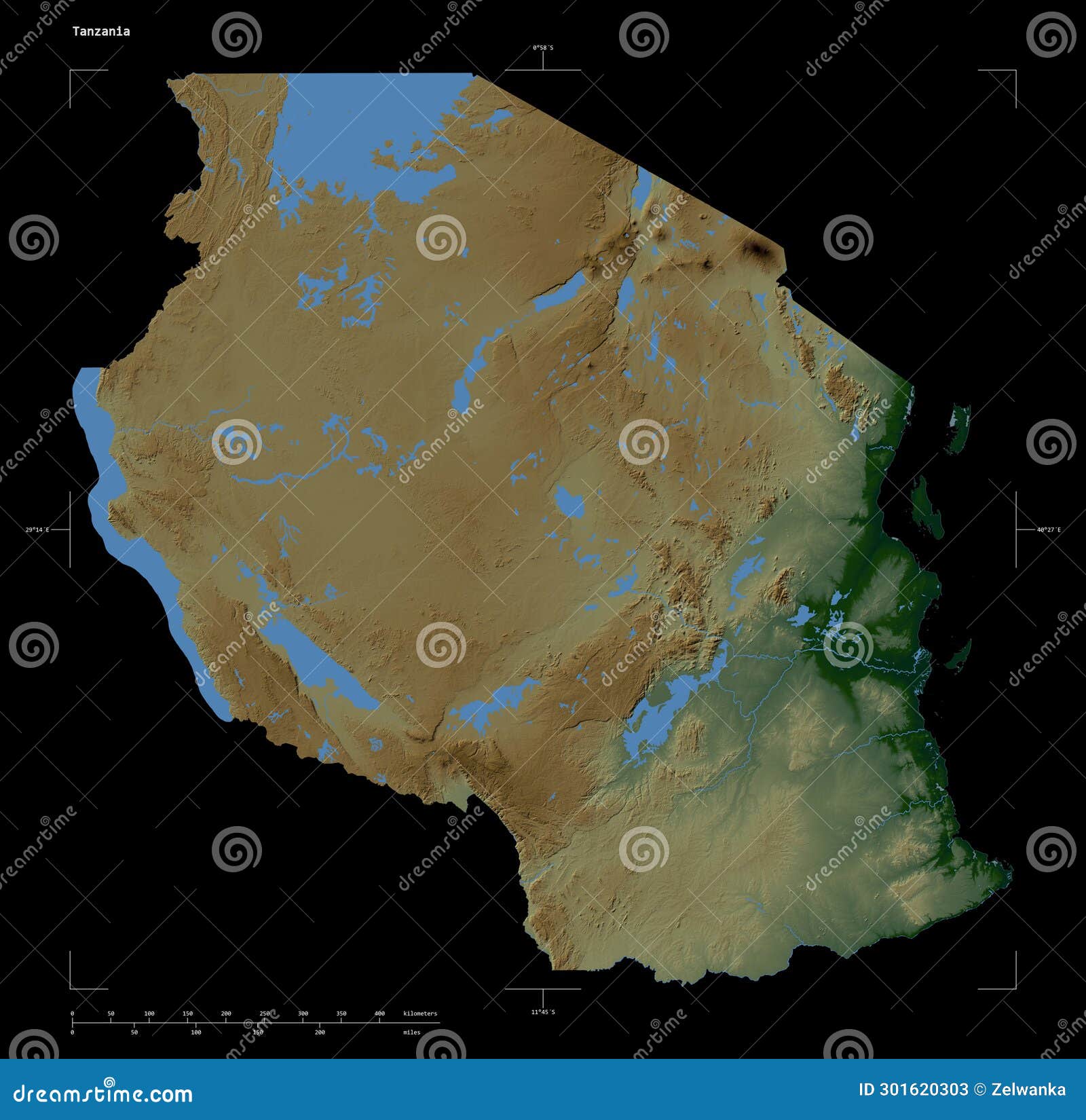 Tanzania Shape on Black. Physical Stock Illustration - Illustration of ...