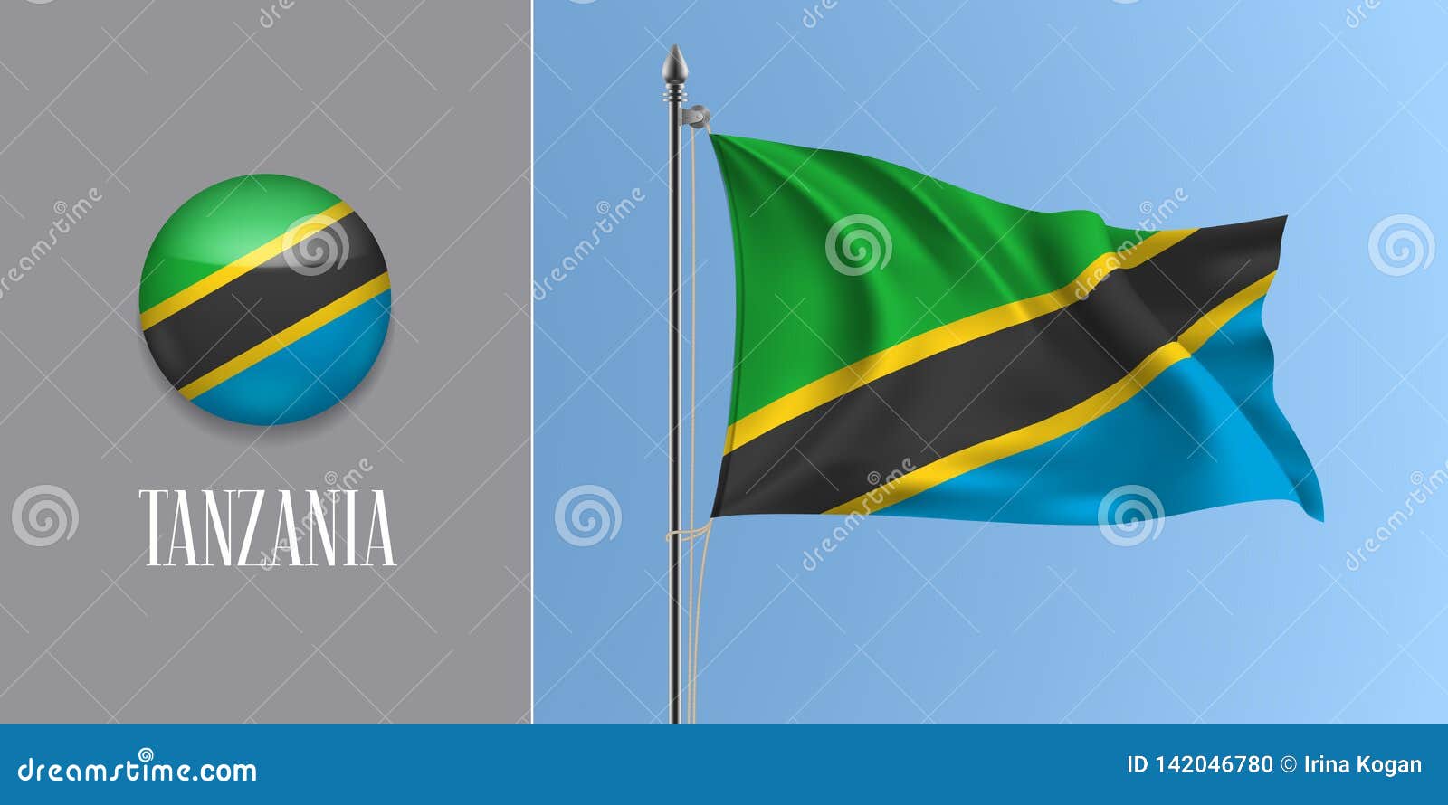 Tanzania Waving Flag On Flagpole And Round Icon Vector Illustration