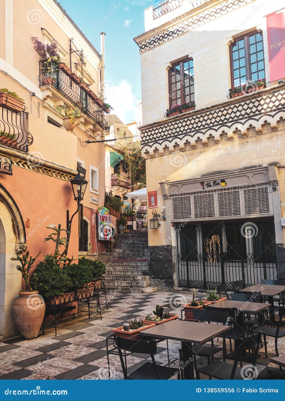 Taormina street view stock photo. Image of ancient, italy - 138559556