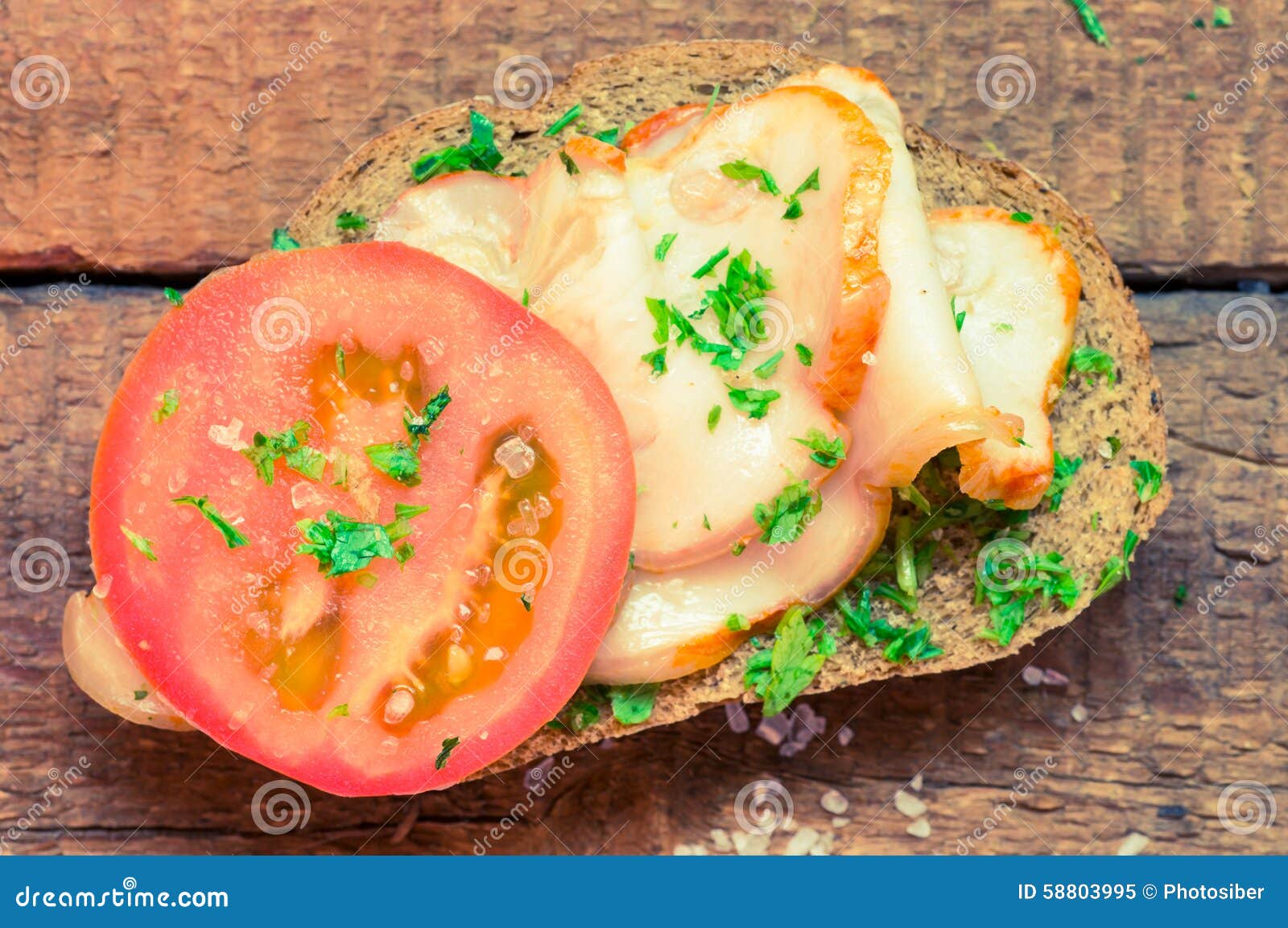 Tapas Bread with Bacon, Tomato and Parsley Stock Image - Image of jamon ...