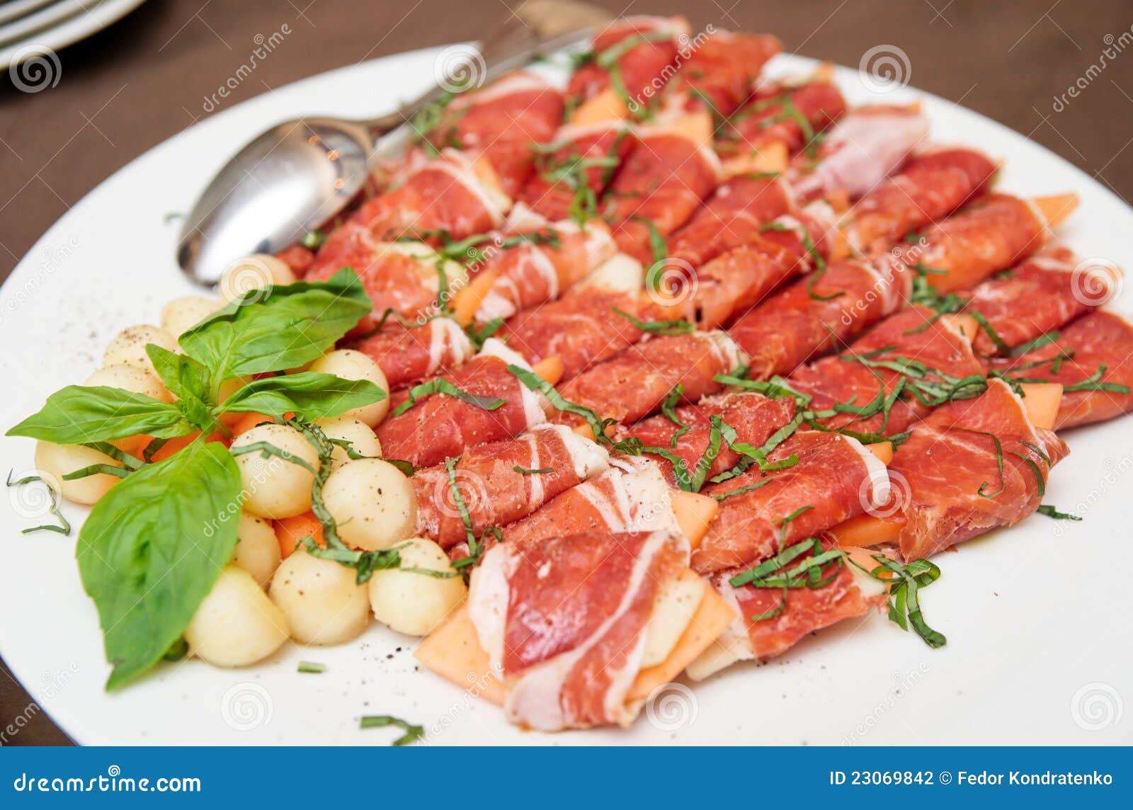 Tapas with Cured Ham, Basil and Melon Balls Stock Photo - Image of ...