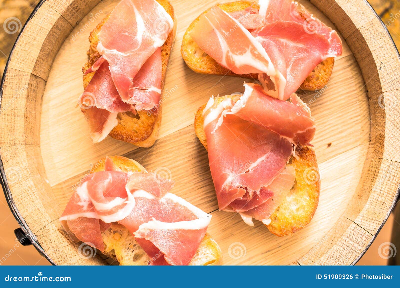 Tapas with Jamon on a Wooden Barrel Stock Photo - Image of appetizer ...