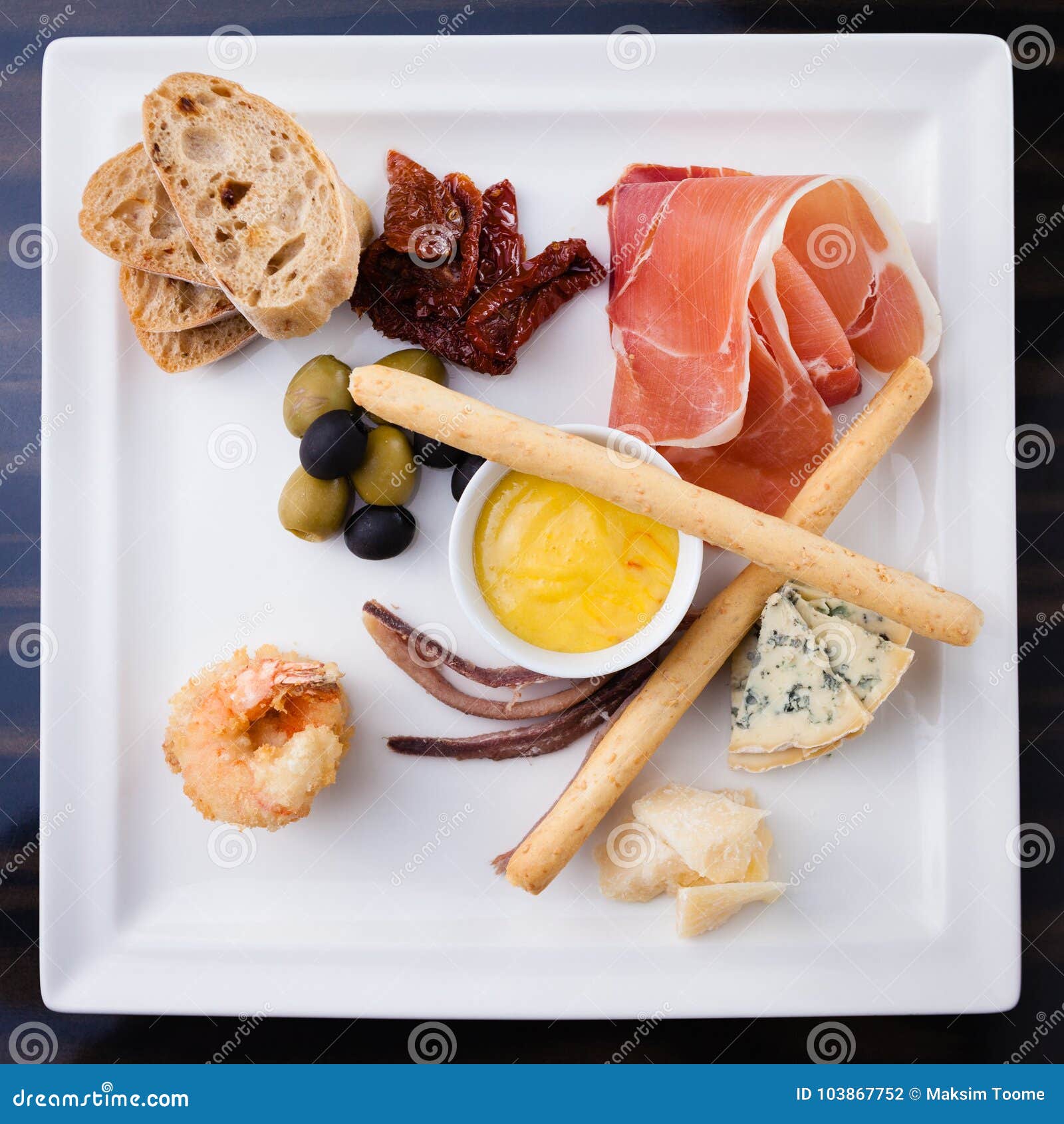 Tapas platter with ham stock photo. Image of antipasti - 103867752