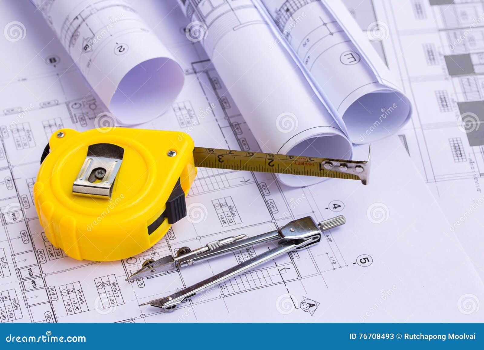 Tape Measure Over a Construction Plan Drawing Stock Image - Image of ...