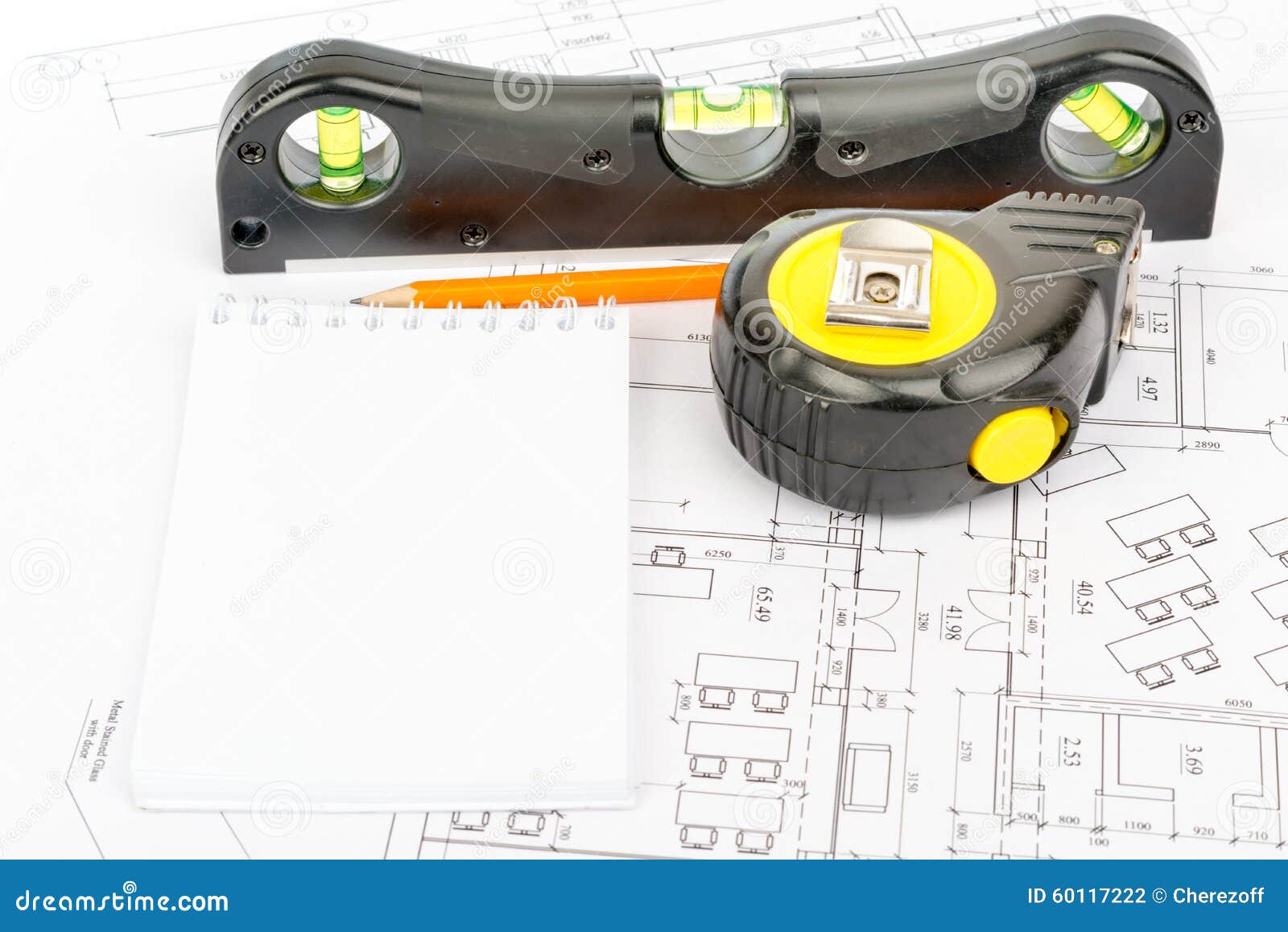 Tape measure and pad stock photo. Image of draft, level - 60117222