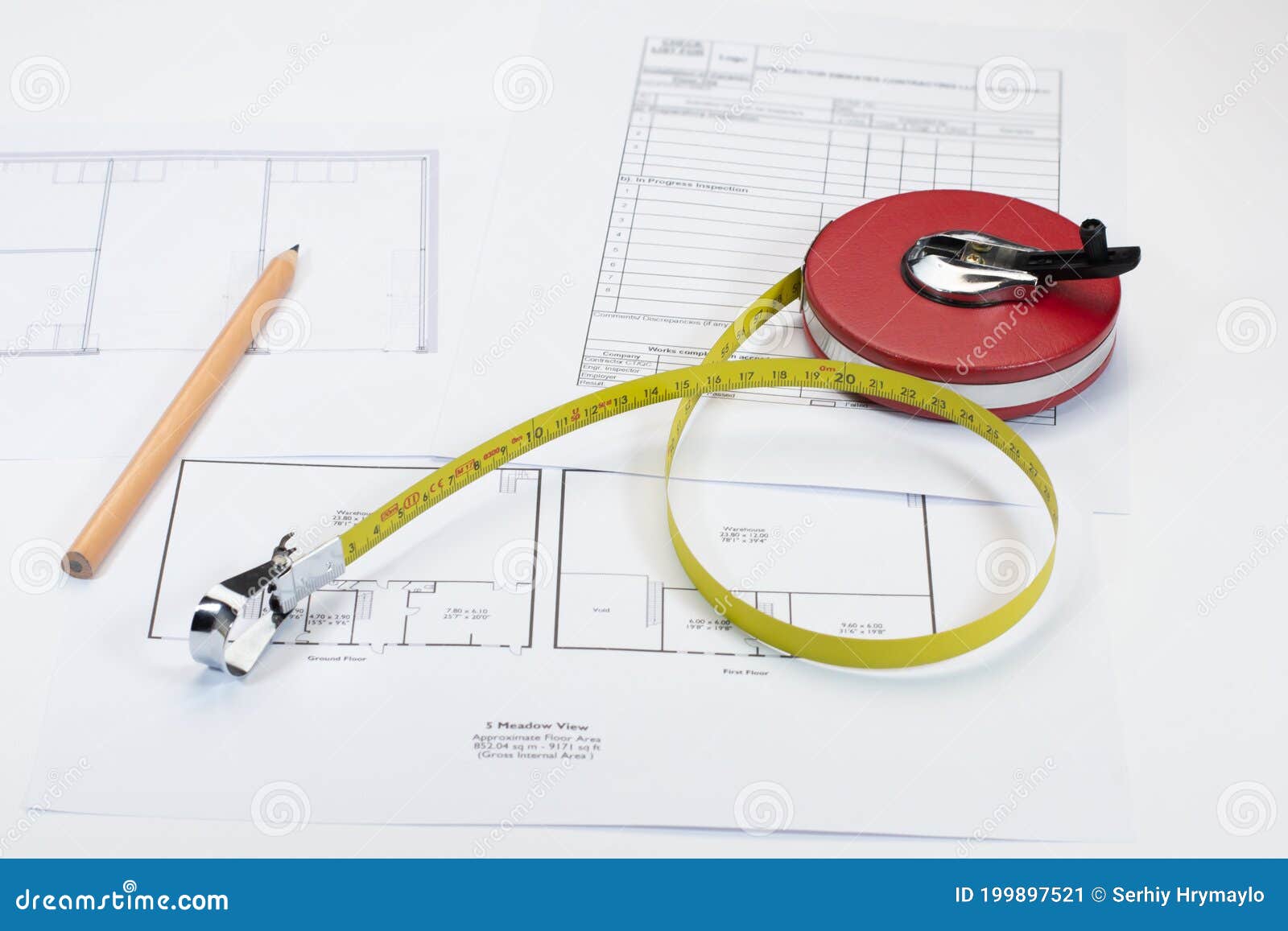 Tape measure and pencil stock image. Image of engineer - 199897521